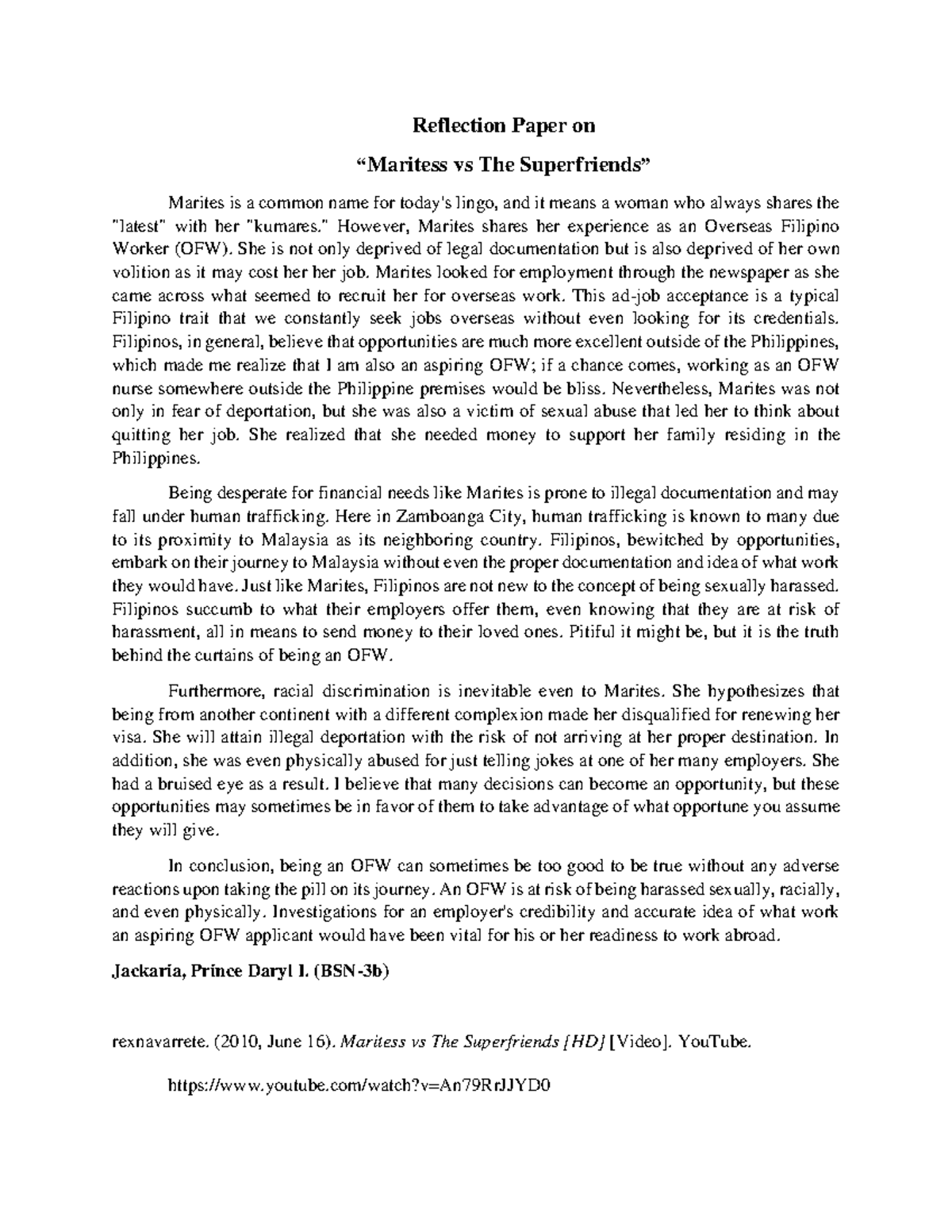 Reflection Paper on Maritess vs The Superfriends - Reflection Paper on ...