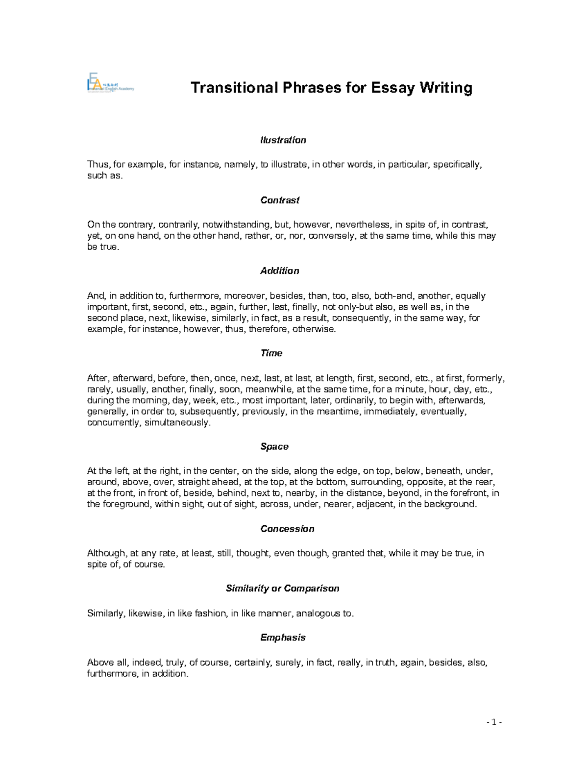 Transition Phrases for Essay Writing - 1 - Transitional Phrases for ...