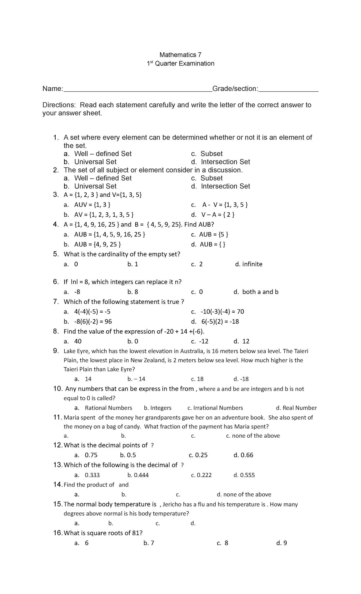 Grade 7 1st quater examination - Mathematics 7 1 st Quarter Examination ...