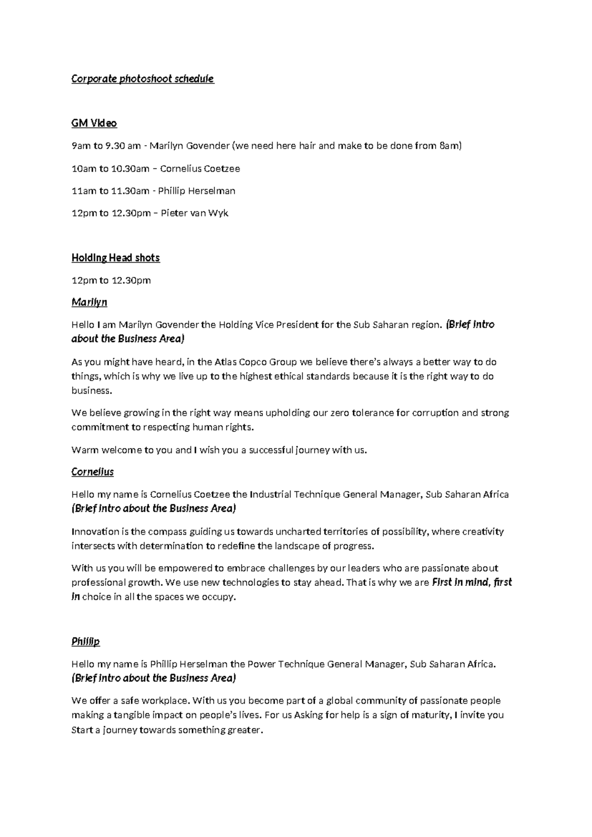 Corporate photoshoot schedule - (Brief intro about the Business Area ...