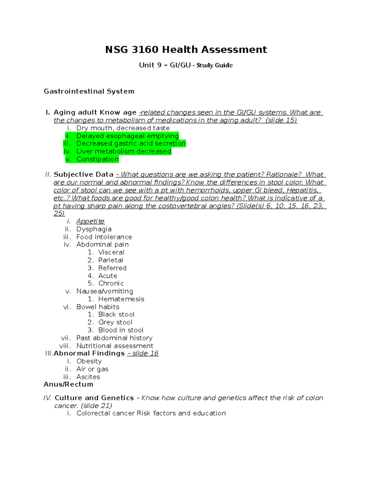 NSG 3160 GU Unit 9 study Guide - NSG 3160 Health Assessment Unit 9 – GI ...