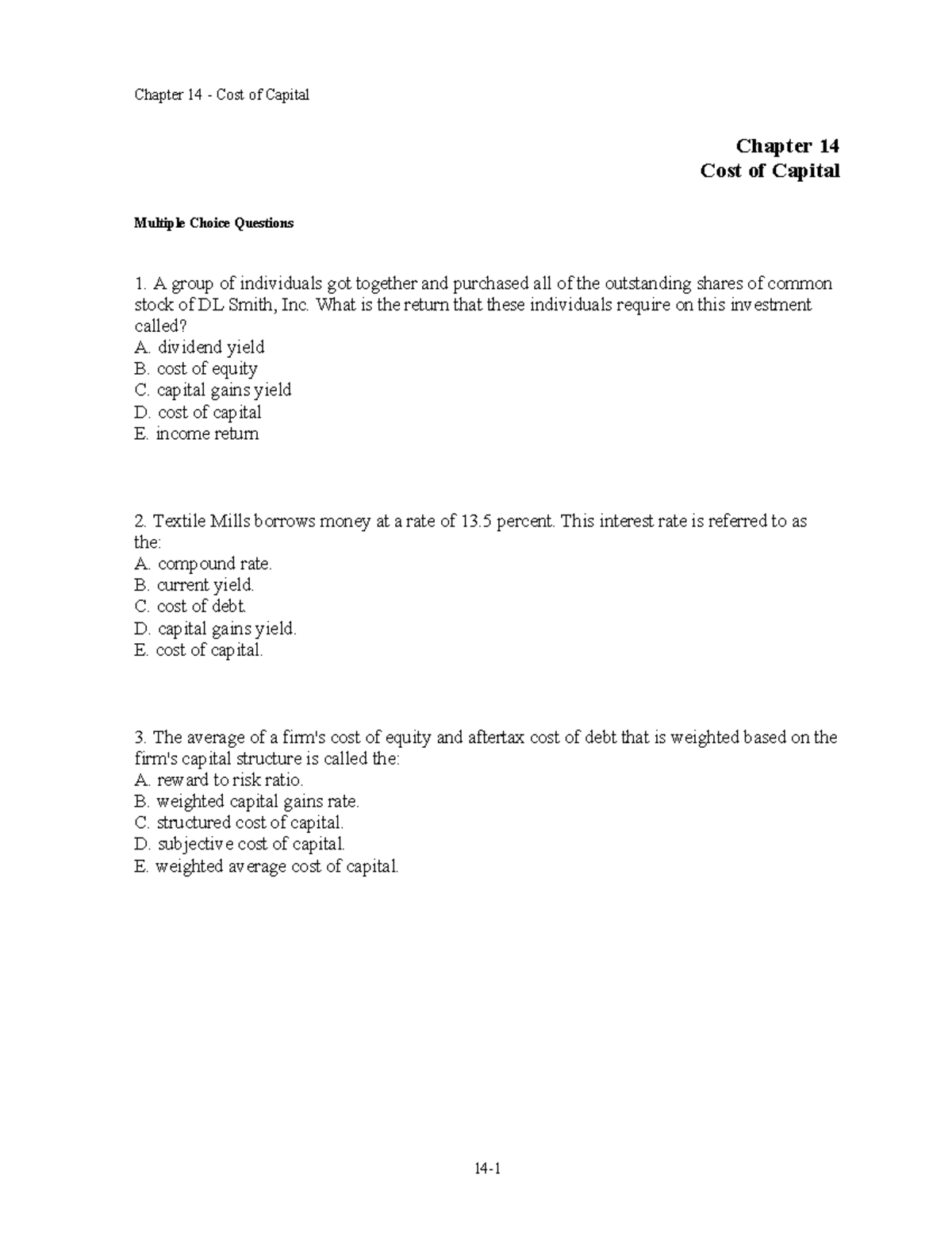 Test bank COST OF CAPITAL - Chapter 14 Cost of Capital Multiple Choice ...