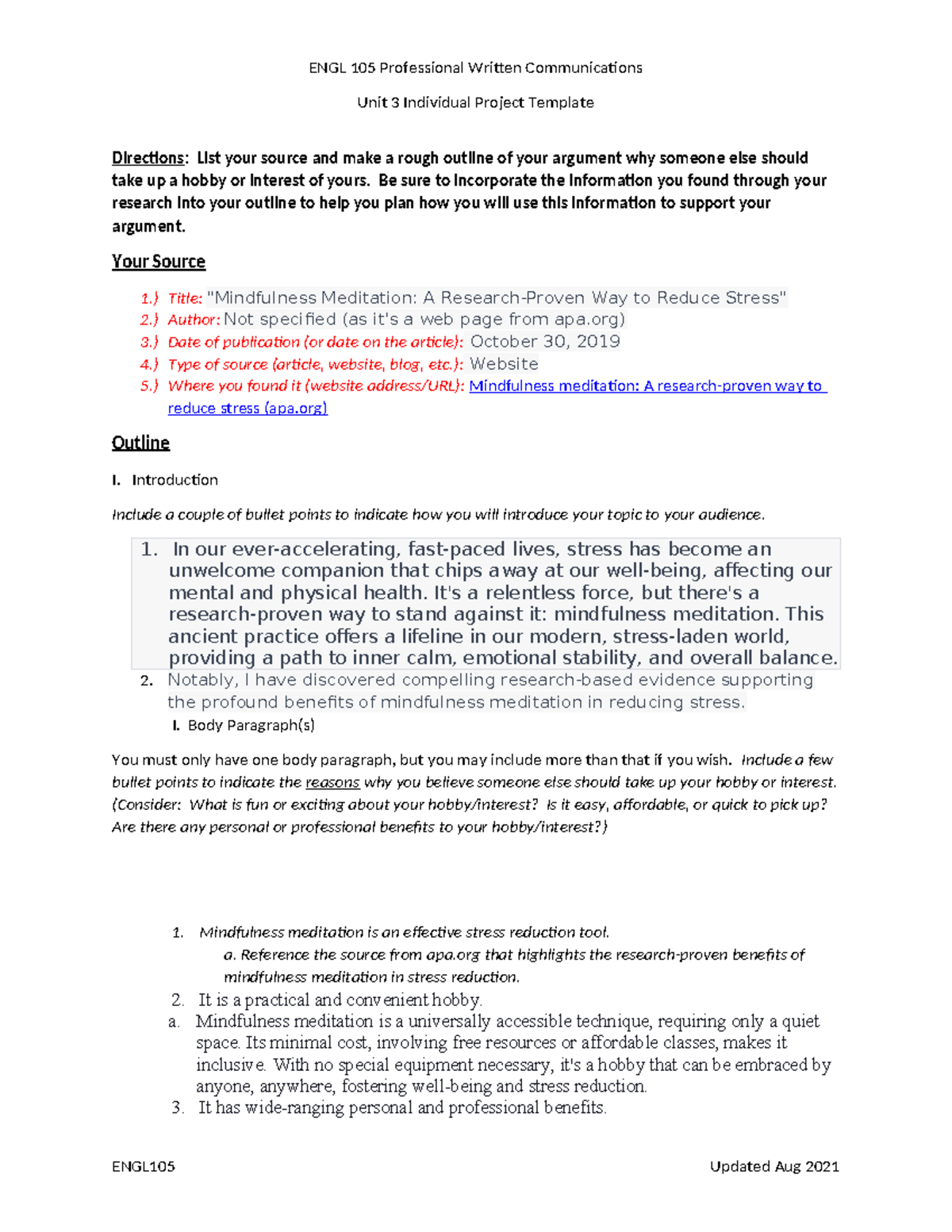 Unit 3 IP Template (2)done - ENGL 105 Professional Written Communications Unit 3 Individual ...