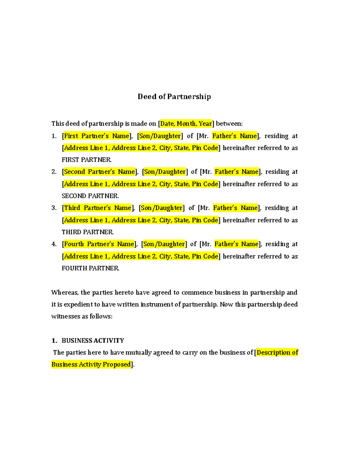 Partnership-deed-format - Deed of Partnership This deed of partnership ...