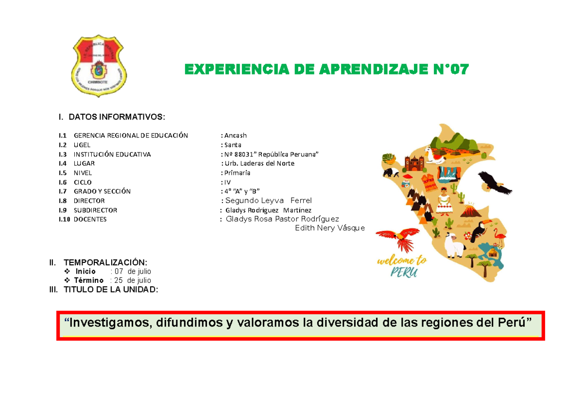 Experiencia DE Aprendizaje N - EXPERIENCIA DE APRENDIZAJE N° 07 I. DATOS INFORMATIVOS: I ...