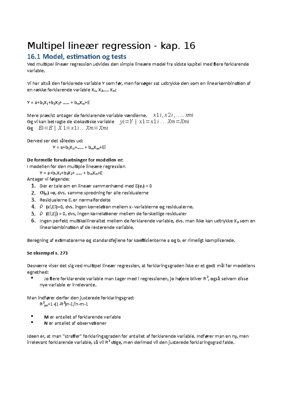 Multipel lineær regression - 16 16 Model, esimaion og tests Ved mulipel ...