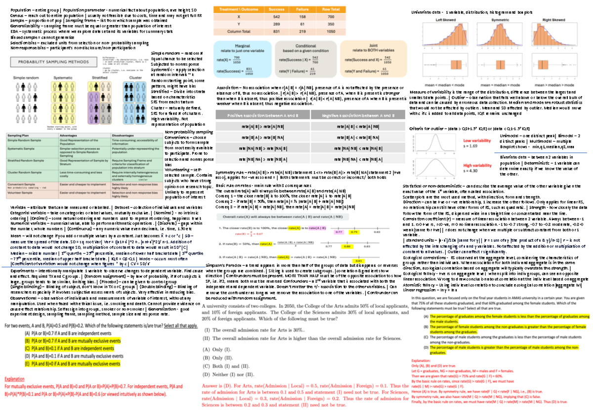 Finals Cheatsheet - Population – entire group | Population parameter ...