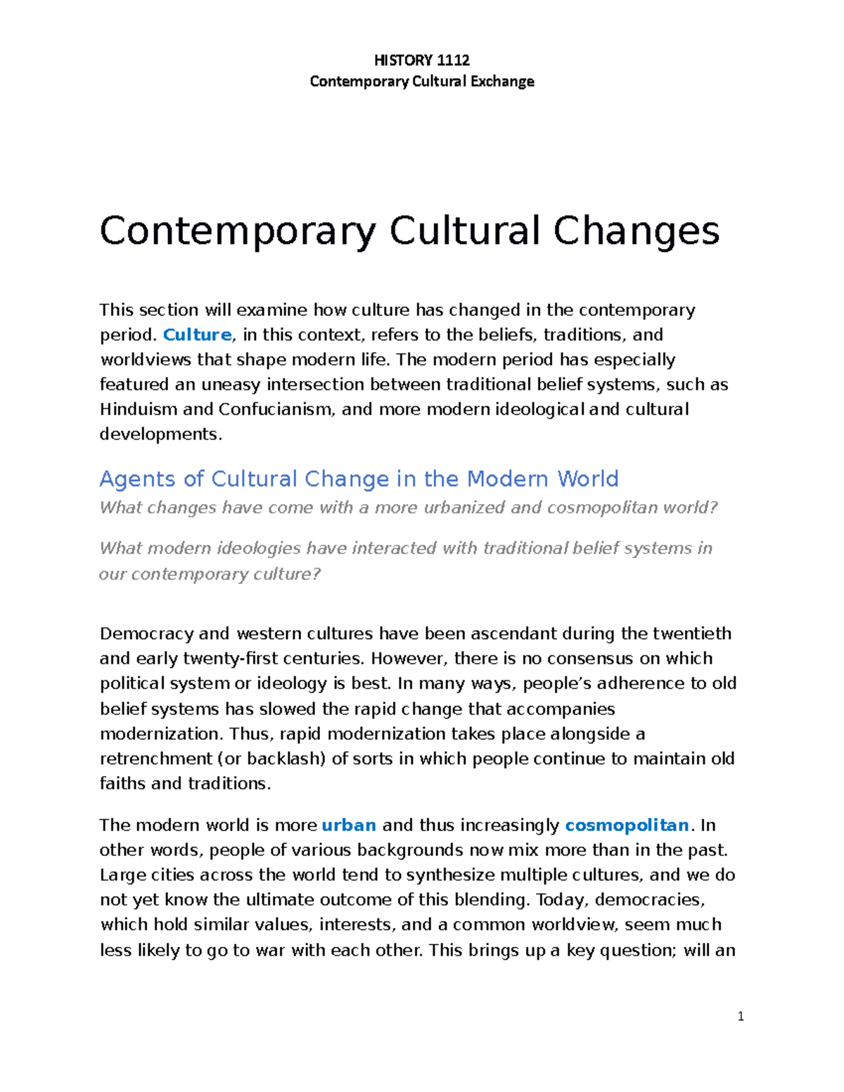 HIST 1112 - Contemporary Cultural Exchange - Contemporary Cultural ...