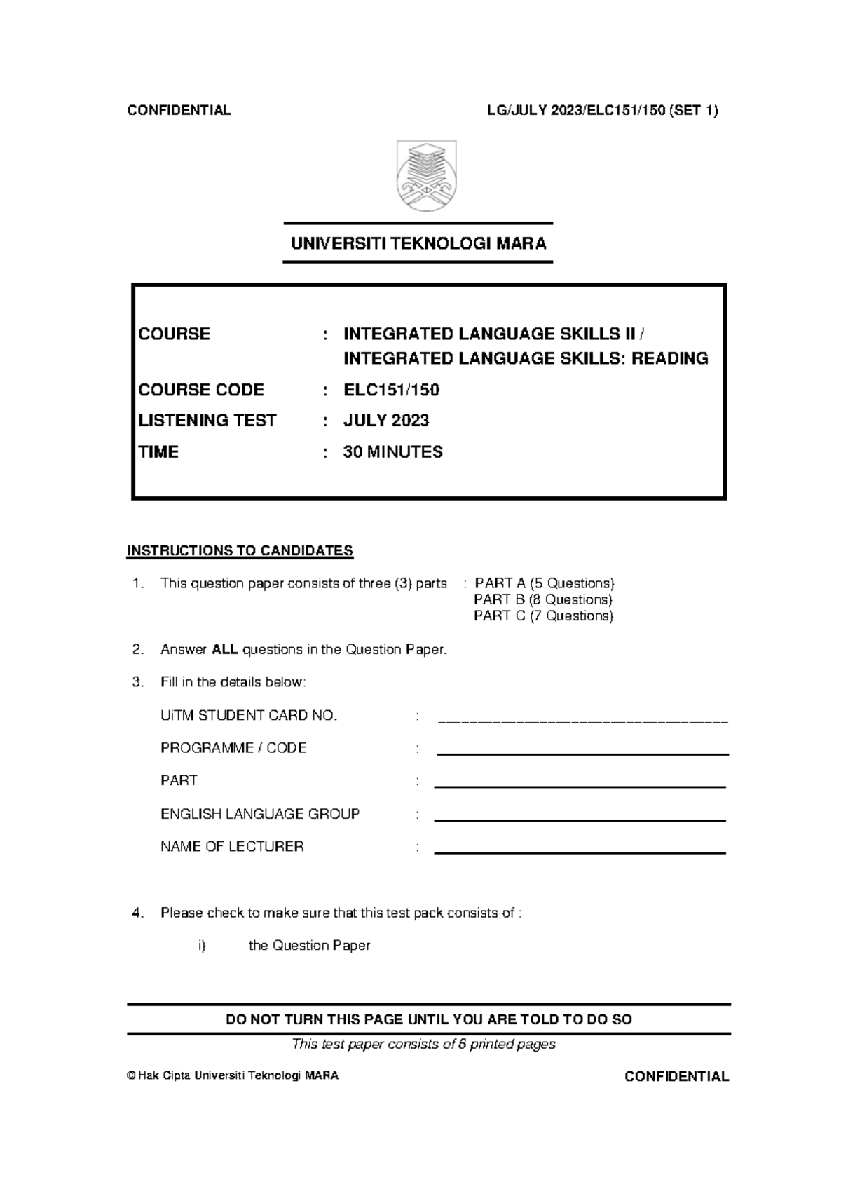 ELC151 LT SET 1QP - UNIVERSITI TEKNOLOGI MARA COURSE : INTEGRATED ...