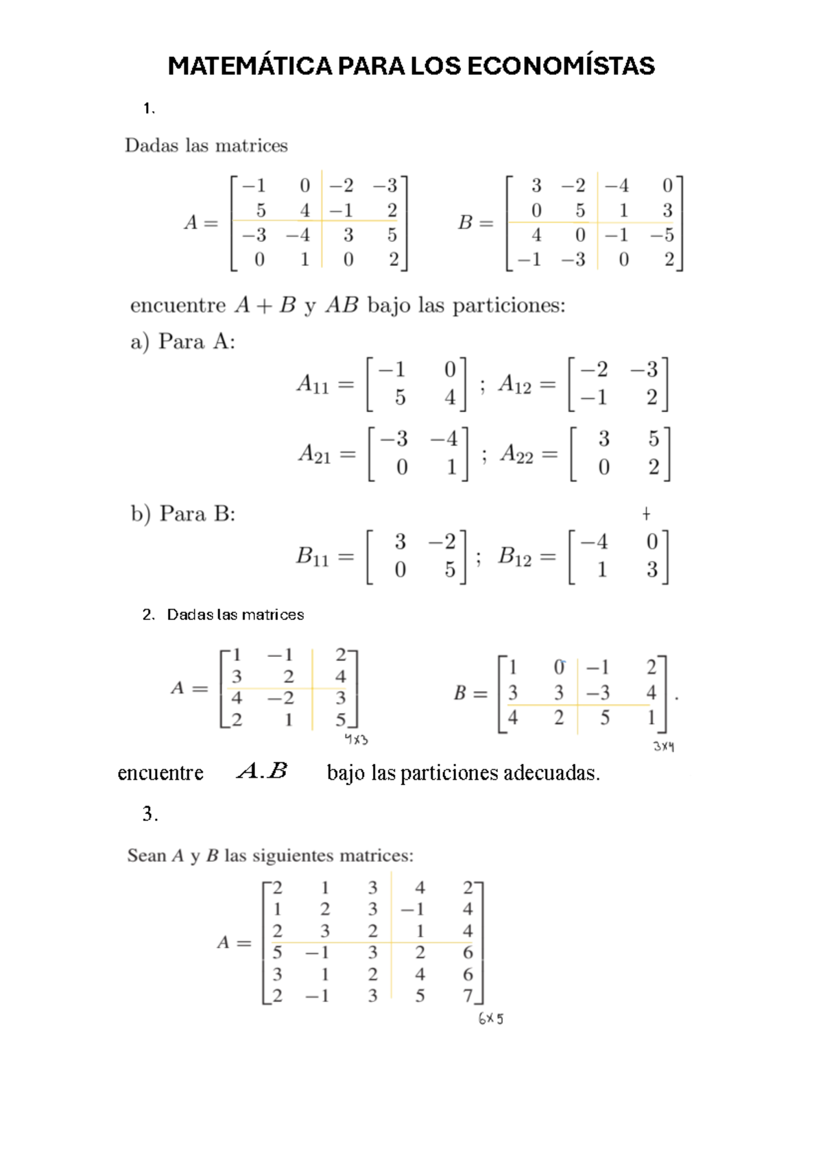 Ejercicios matrices particionadas - Matemática Discreta - MATEMÁTICA ...