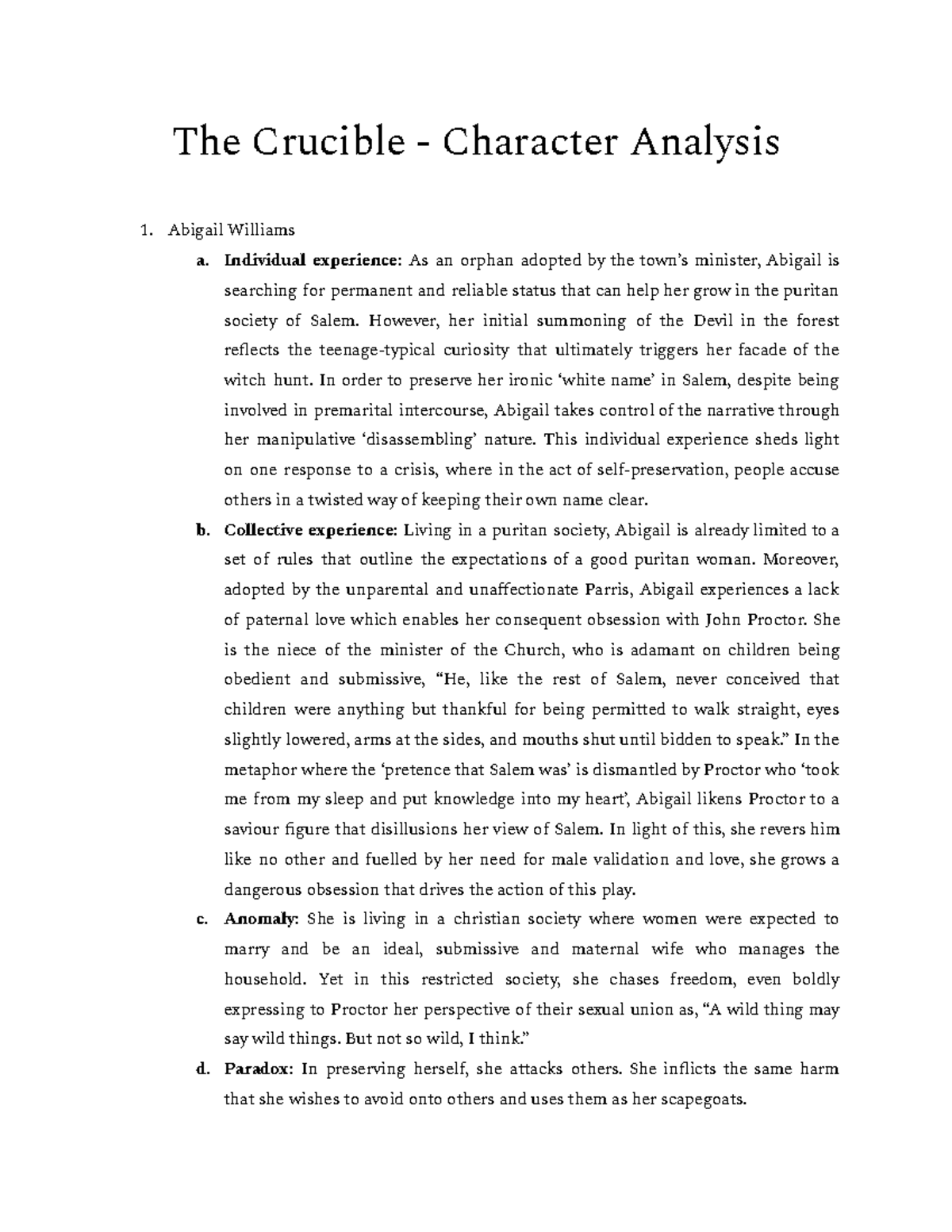 Crucible - Abigail Analysis - The Crucible - Character Analysis Abigail ...