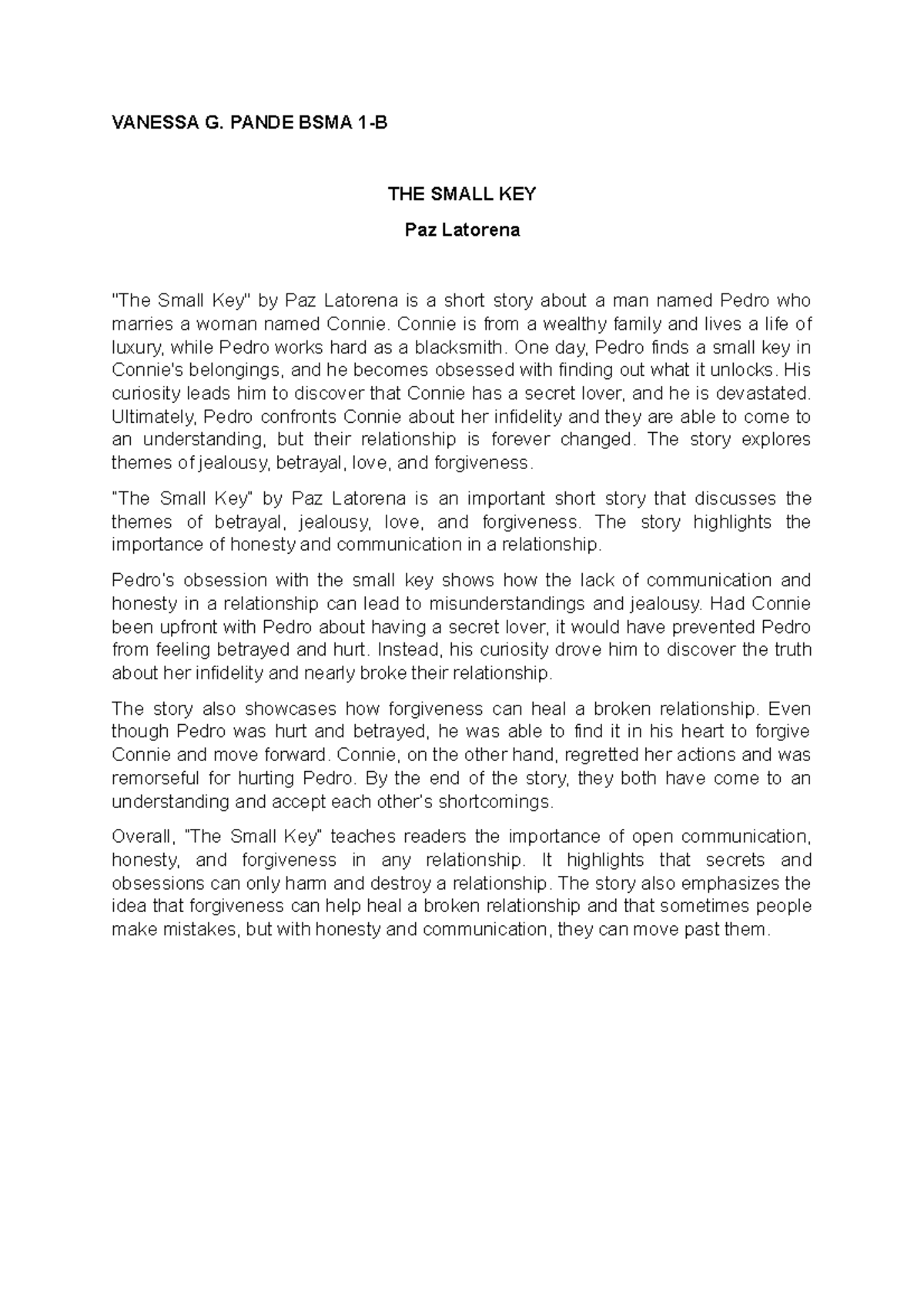 Purcom - notes - VANESSA G. PANDE BSMA 1-B THE SMALL KEY Paz Latorena ...