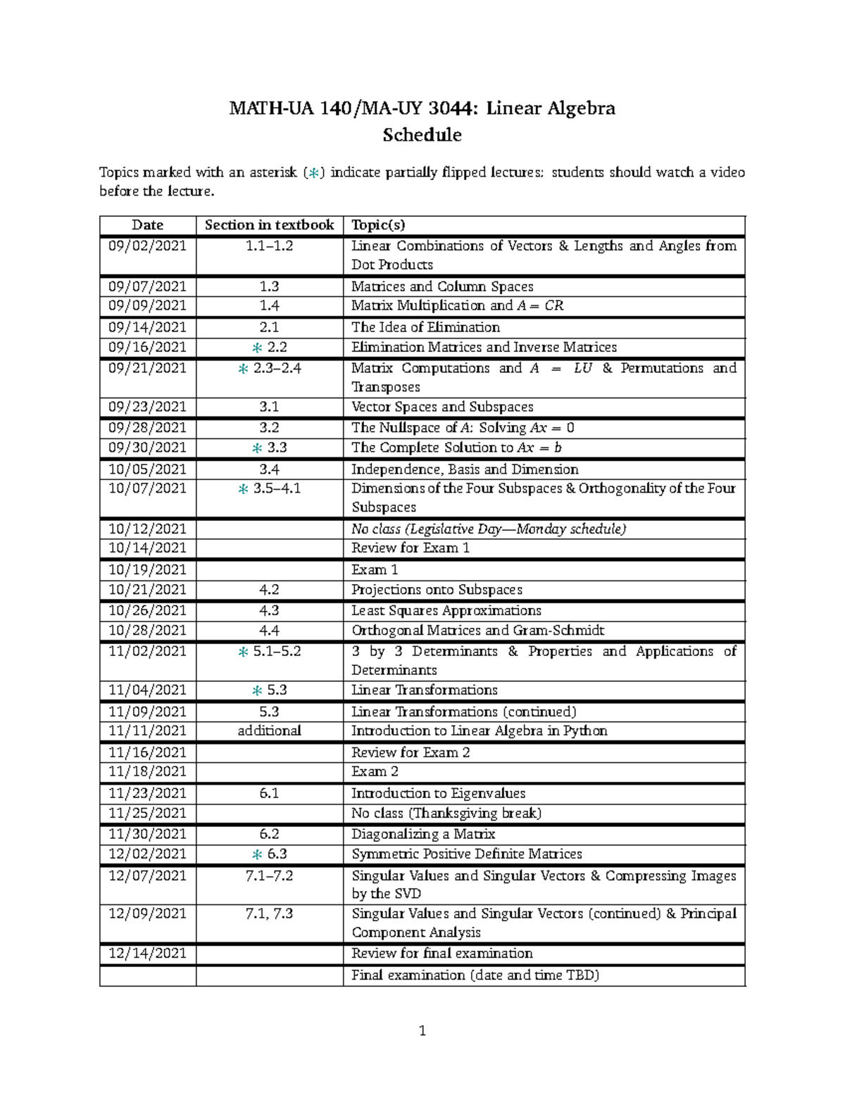 Schedule - TR - Copy - MATH-UA 140/MA-UY 3044: Linear Algebra Schedule ...