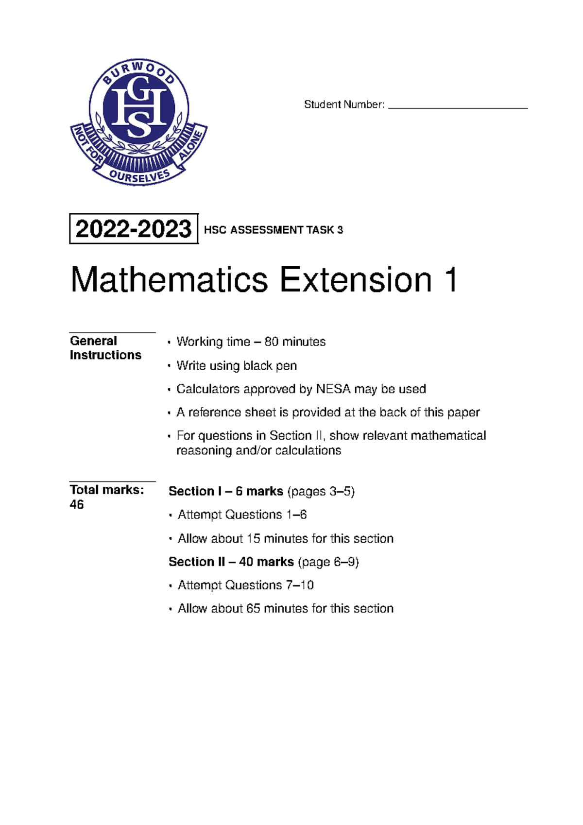 2022 2023 HSC Mathematics Extension 1 AT3 Question Paper - Student ...