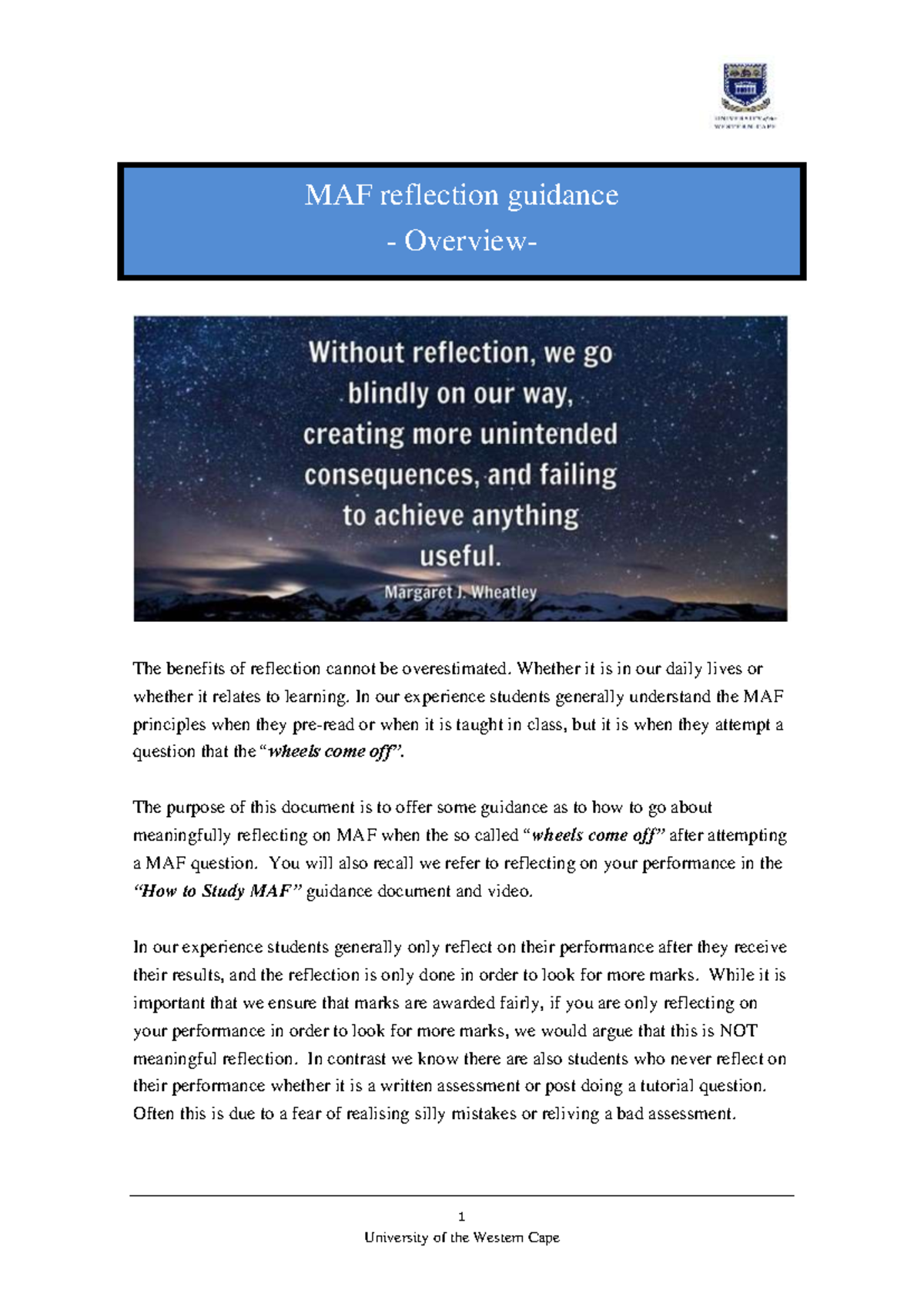 MAF reflection guidance - Whether it is in our daily lives or whether ...