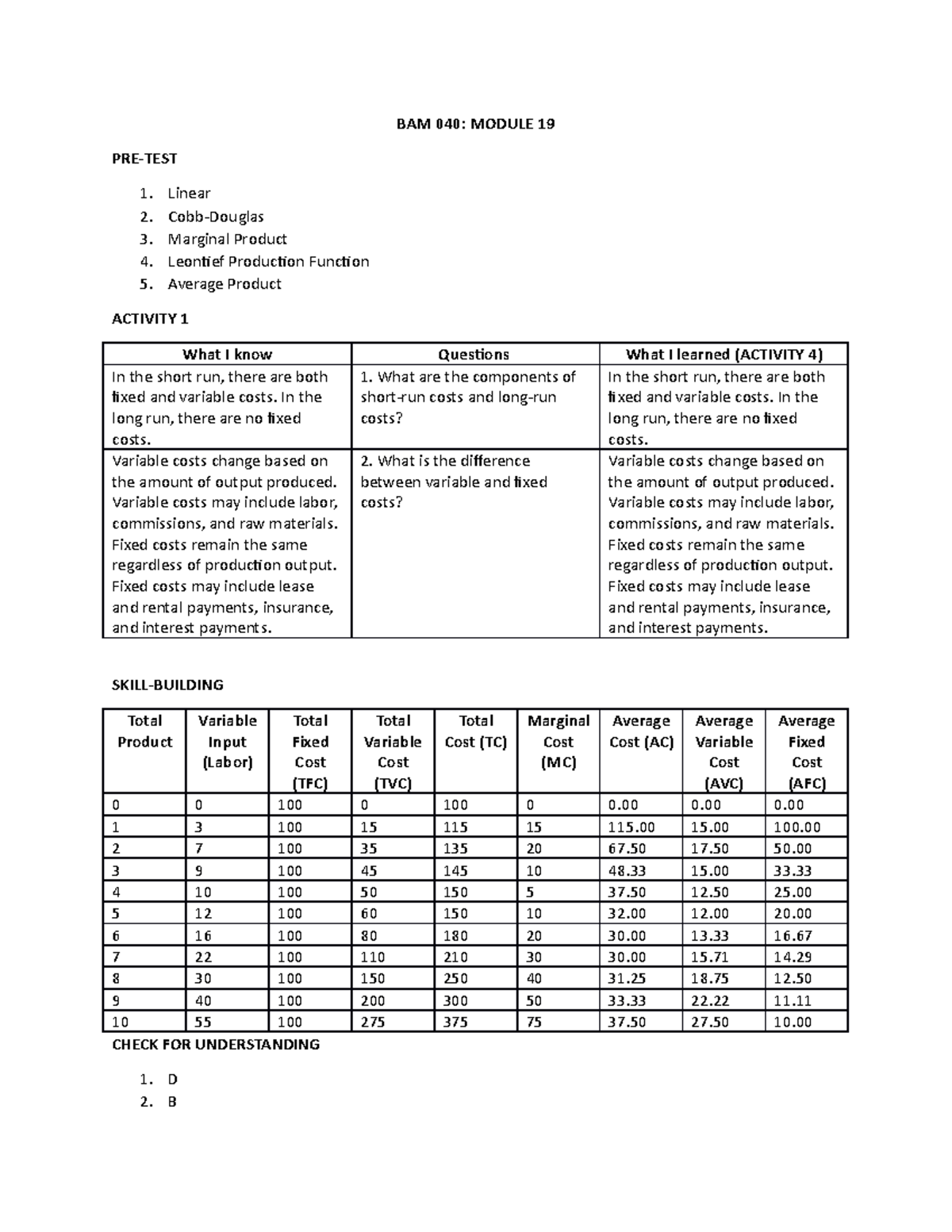 BAM 040 - Module 19 - BAM 040: MODULE 19 PRE-TEST Linear Cobb-Douglas ...