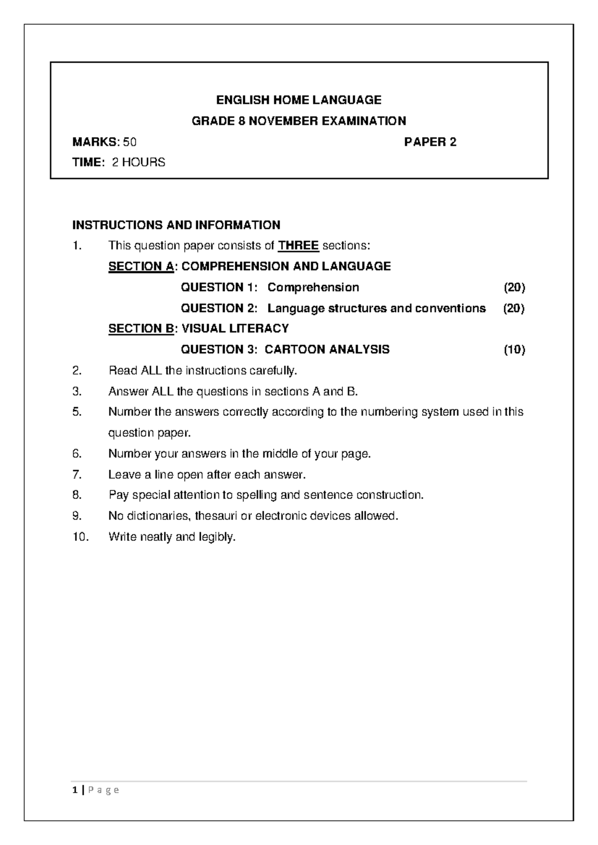 Grade 8 Revision Paper - ENGLISH HOME LANGUAGE GRADE 8 NOVEMBER ...