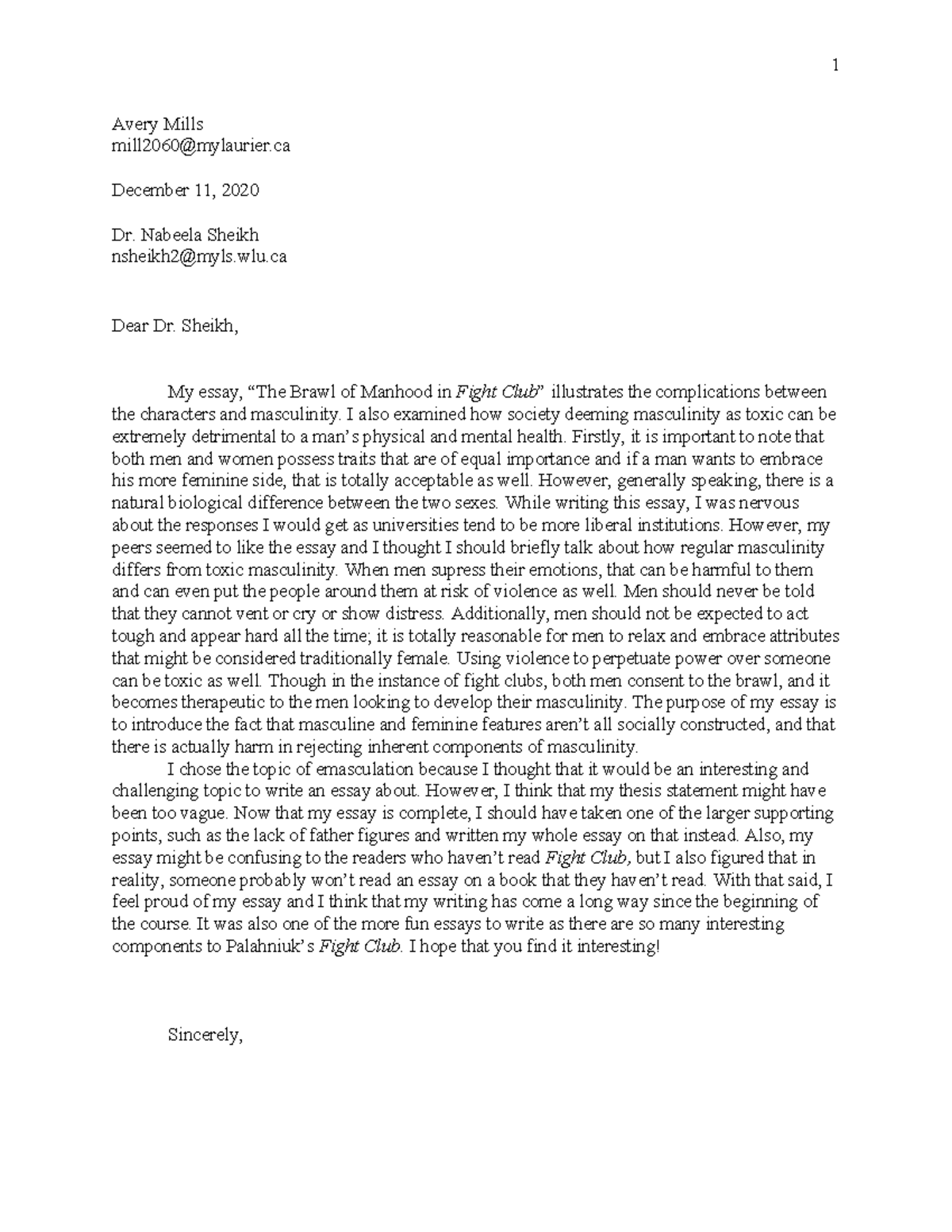 Cover Letter for Fight Club - 1 Avery Mills December 11, 2020 Dr ...