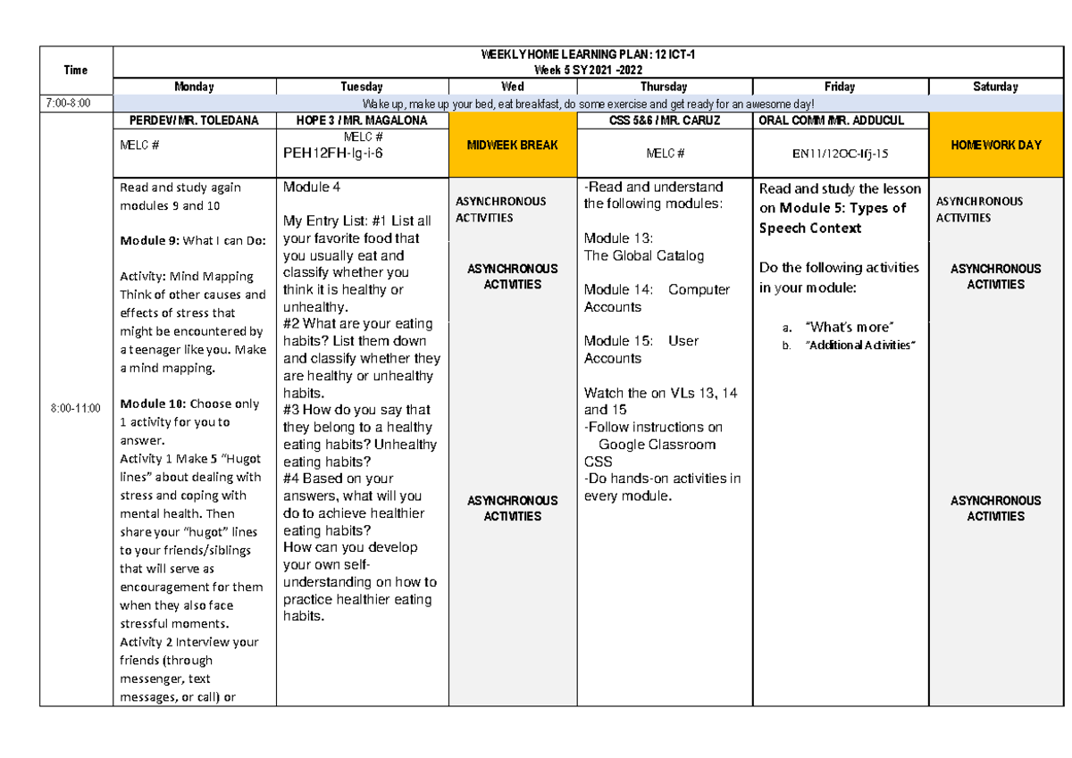 WHLP Q1 W5 G12 ICT 1 - IMMERSION - Time WEEKLY HOME LEARNING PLAN: 12 ...