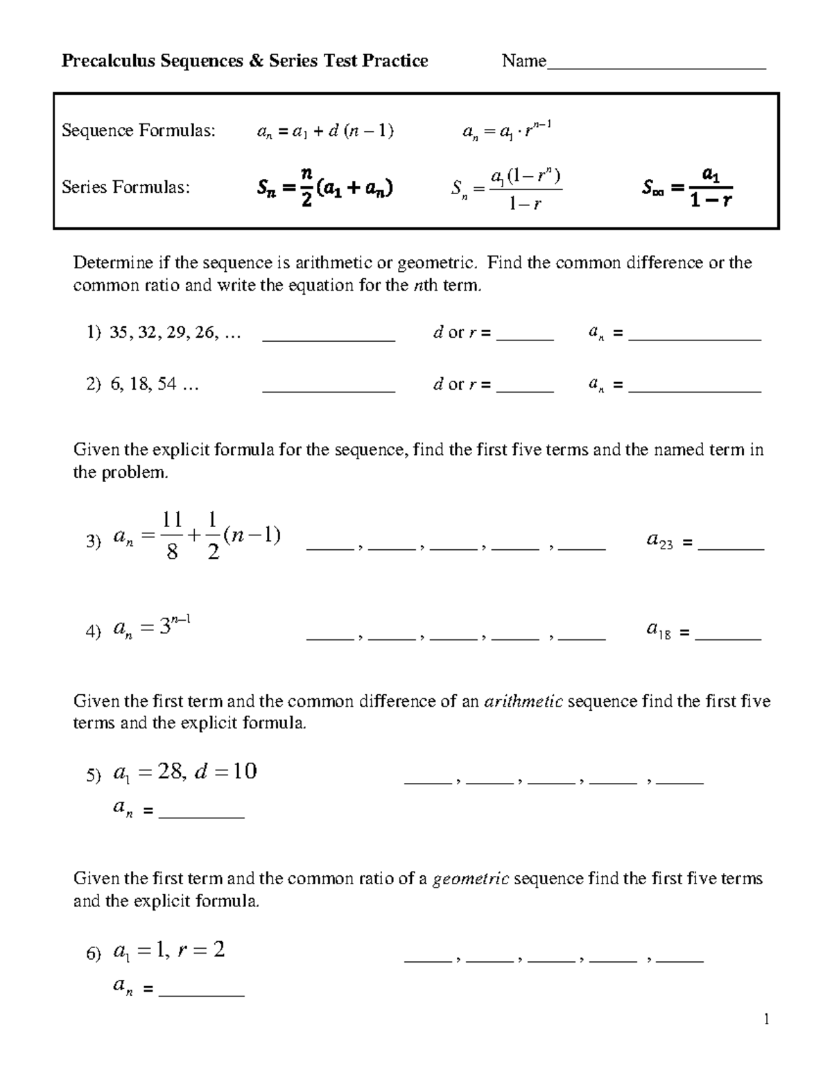 Sequences and series test prep 1 - ####### 1 Precalculus Sequences ...