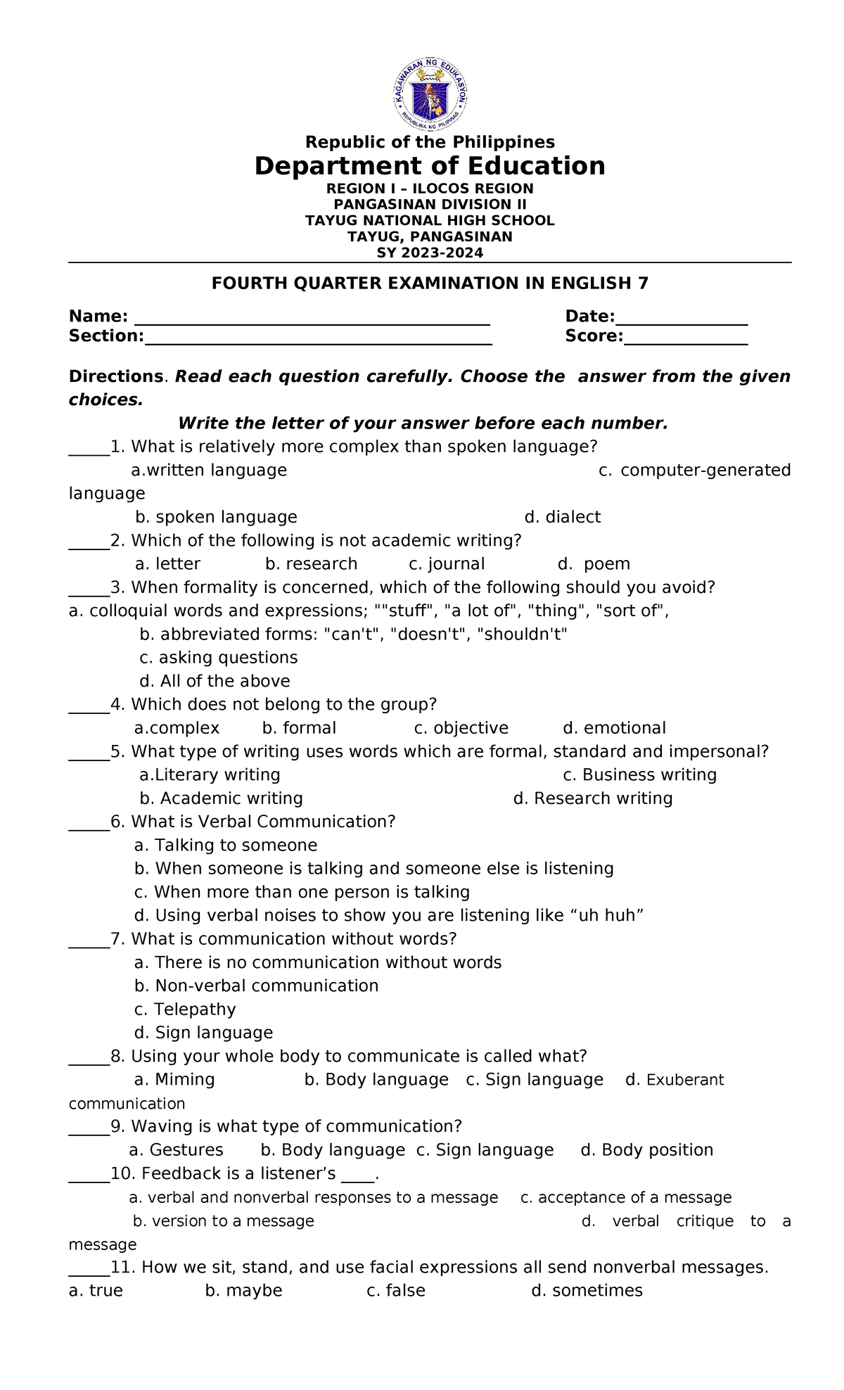 Fourth- Quarter- Examination-2022-2023 final - Republic of the ...