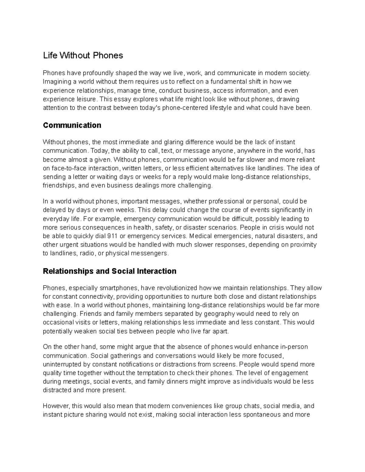 Eng 10 - Essay 10 sample - Life Without Phones Phones have profoundly ...
