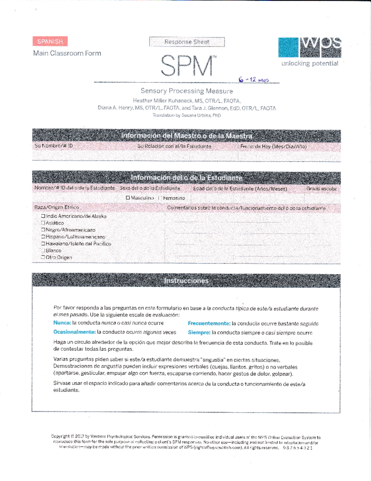 SPM Escolar 6-12 - SPM - Main Classroom Form ####### Response Sheet IH ...