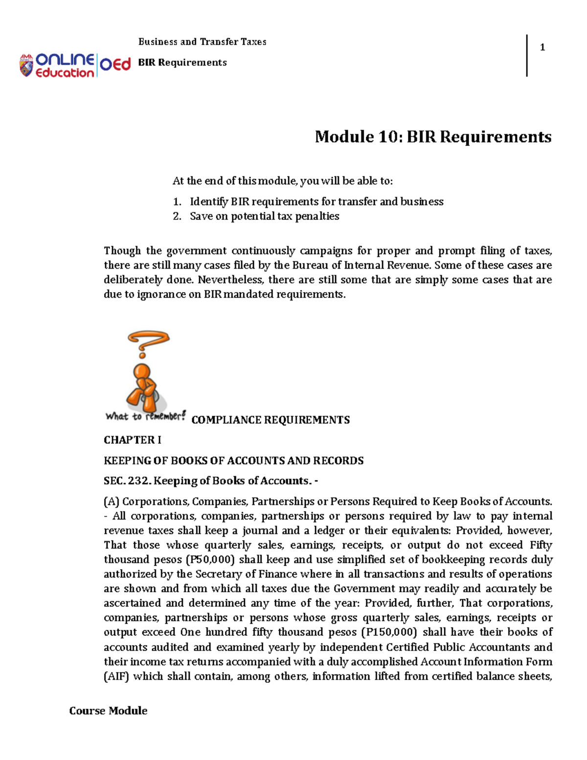 Module 010 - BIR Requirements - Business and Transfer Taxes BIR ...