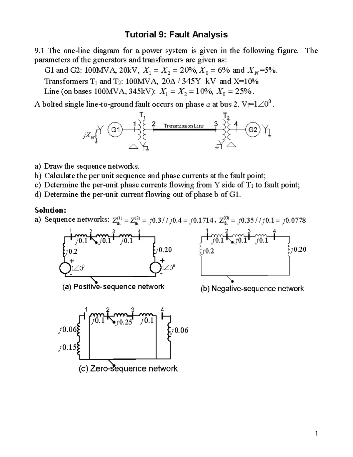 Tutorial 9solutionn 21 - Tutorial 9: Fault Analysis 9 The one-line ...