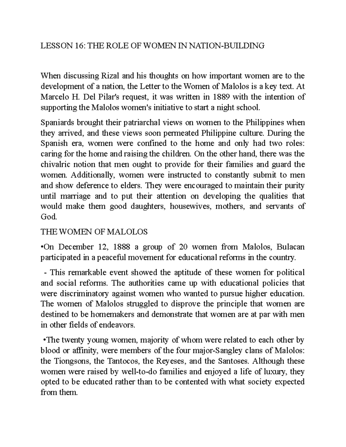 Lesson 16 THE ROLE OF Women IN Nation- Building - LESSON 16: THE ROLE ...