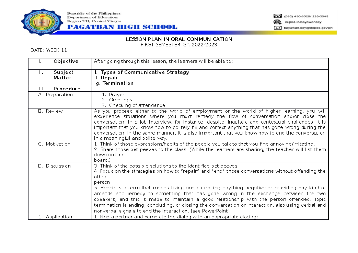 Lesson Plan in Oral communication - LESSON PLAN IN ORAL COMMUNICATION ...