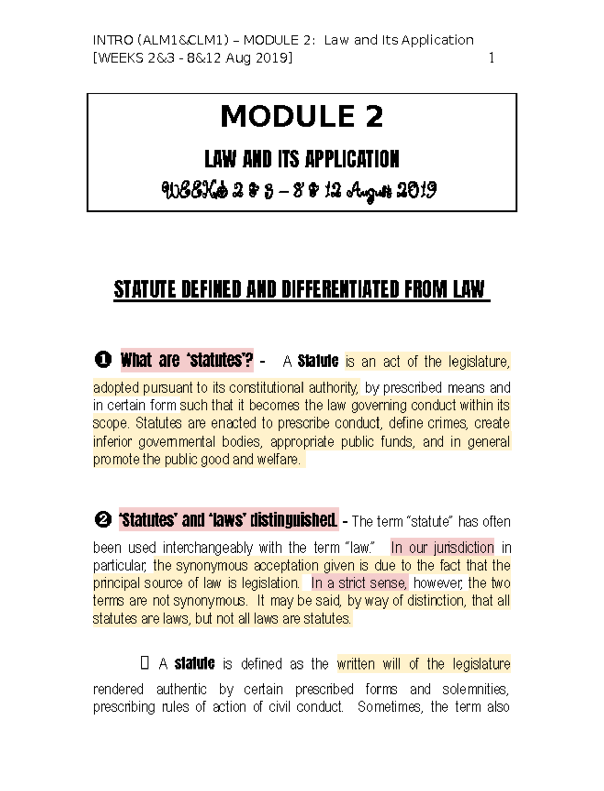 MOD2 (ITL) - Module regarding law and its application - [WEEKS 2&3 - 8&12 Aug 2019] 1 MODULE ...