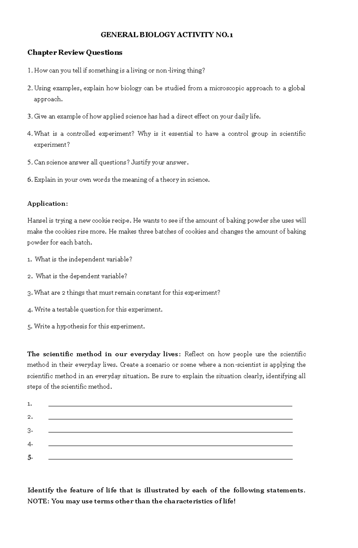 General Biology Activity 1 for Chapter 1 - GENERAL BIOLOGY ACTIVITY NO ...