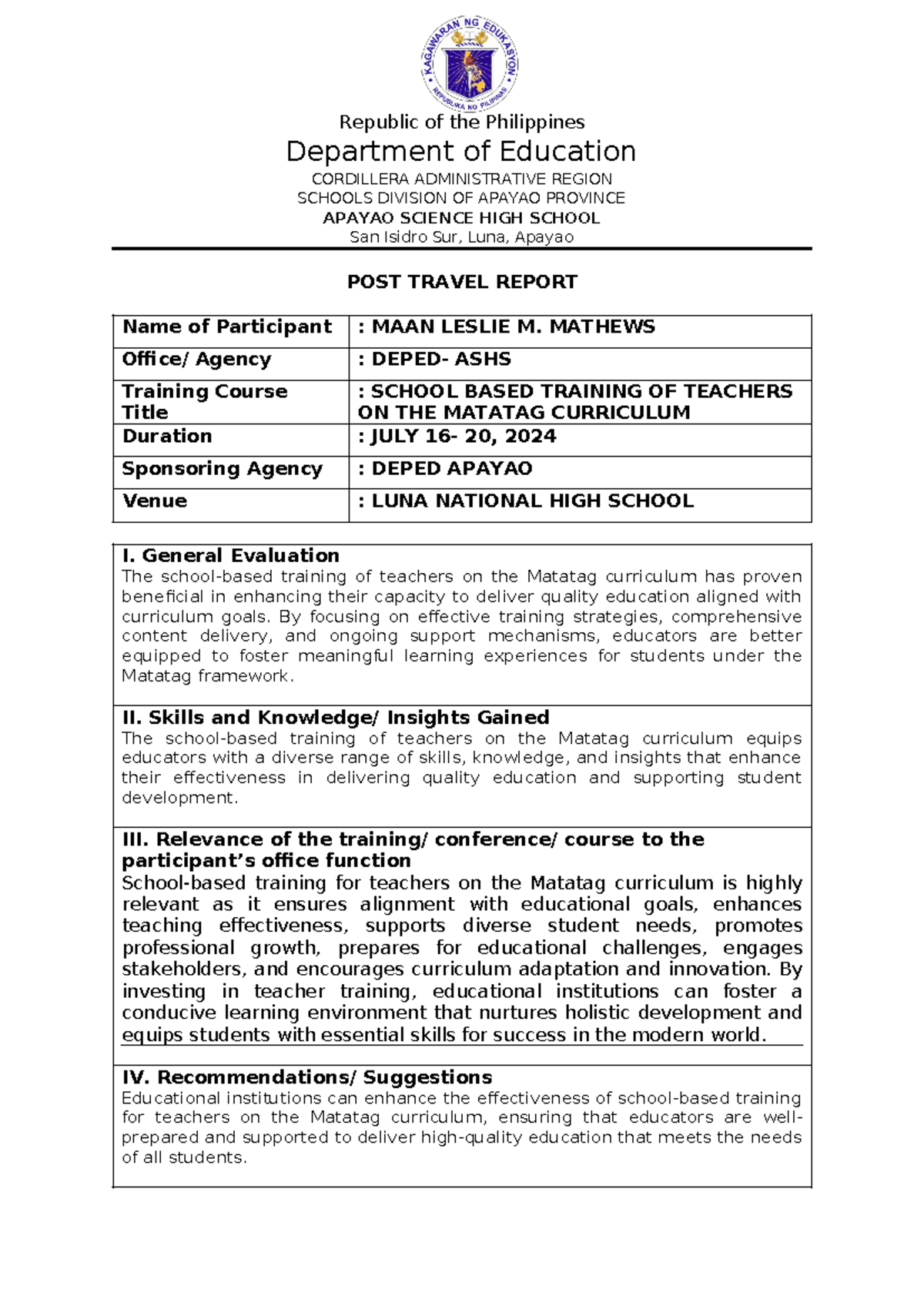 Post travel report - TEV - Republic of the Philippines Department of ...