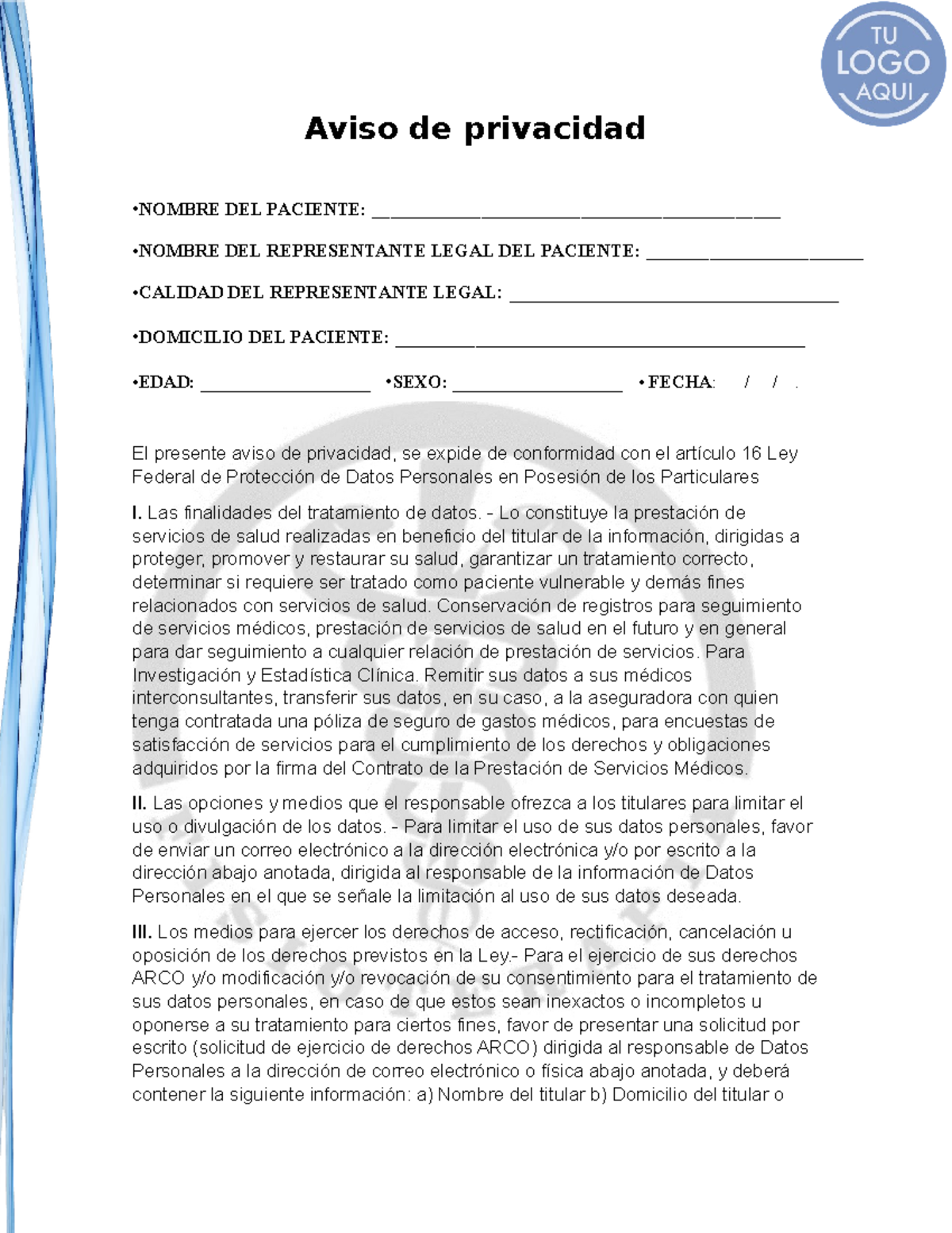 3.- Aviso DE Privacidad - Aviso de privacidad • NOMBRE DEL PACIENTE: - Studocu