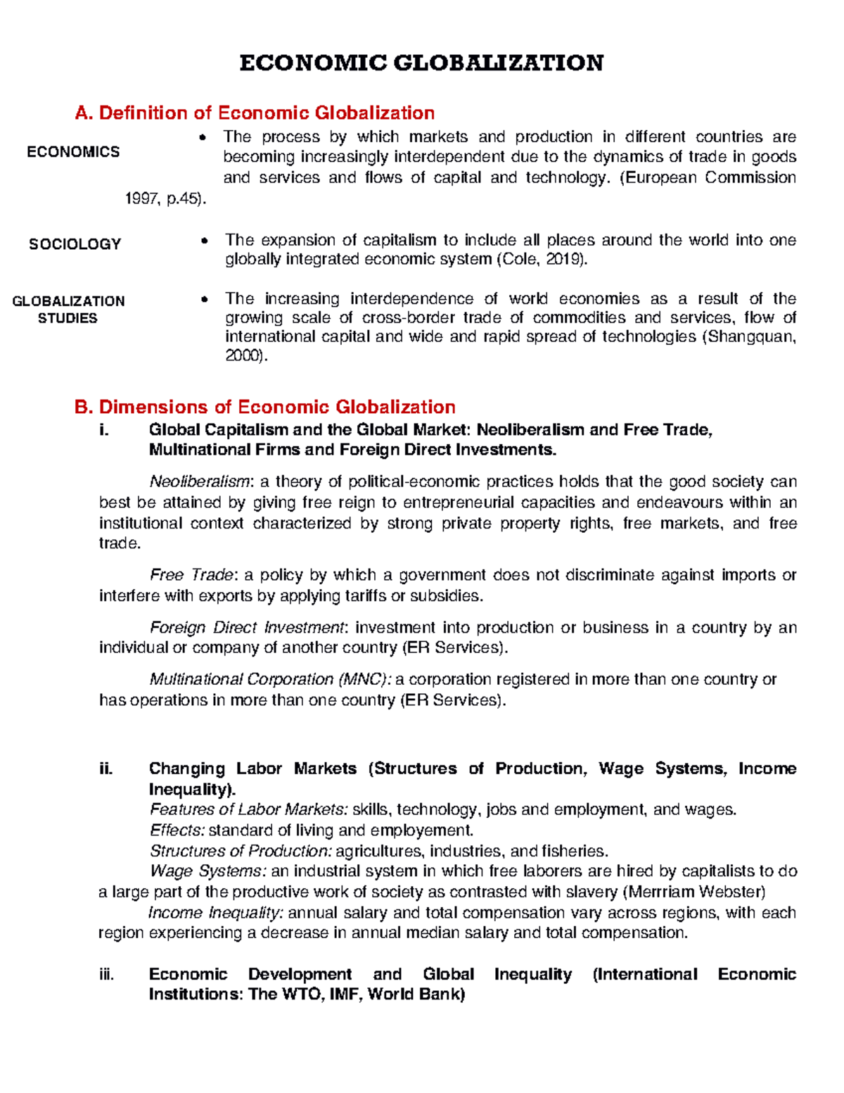 Compiled - Contemporary times - ECONOMIC GLOBALIZATION A. Definition of ...