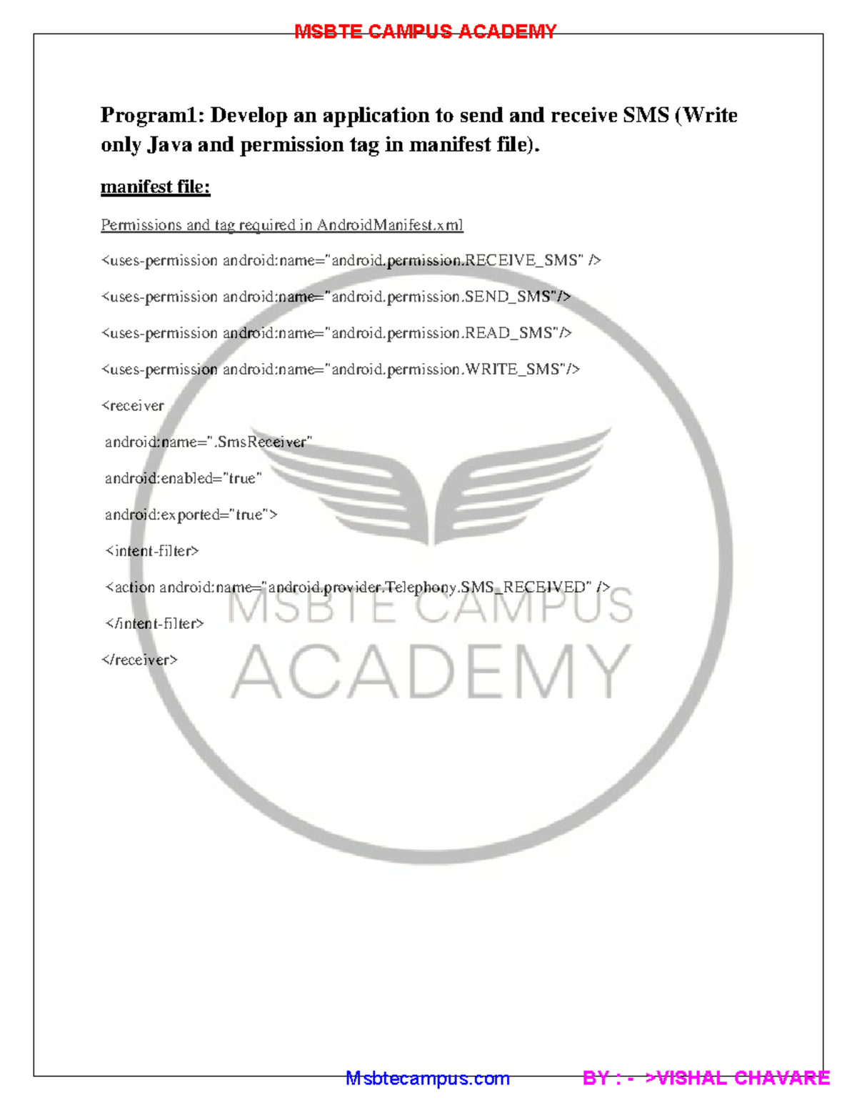 Msbte Campus VERY IMP Program - Program1: Develop an application to send and receive SMS (Write ...