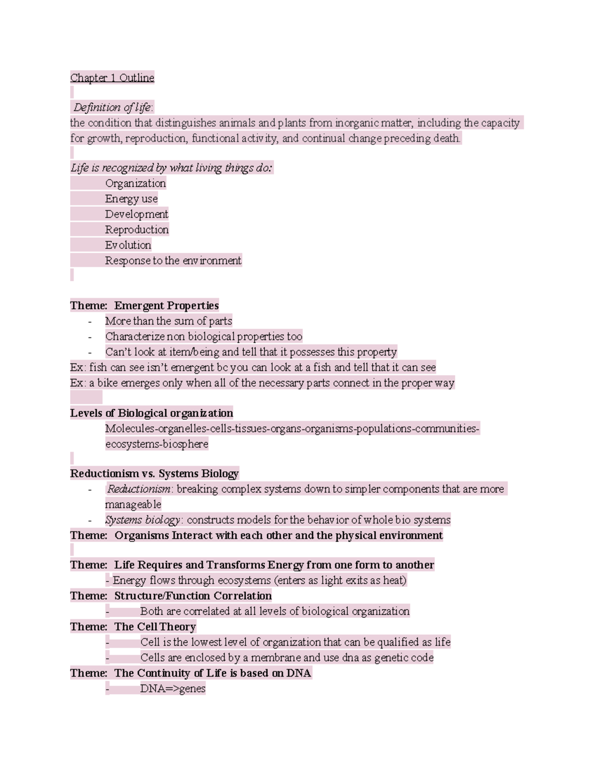 EXAM 1 Notes - Chapter 1 Outline Definition of life: the condition that ...