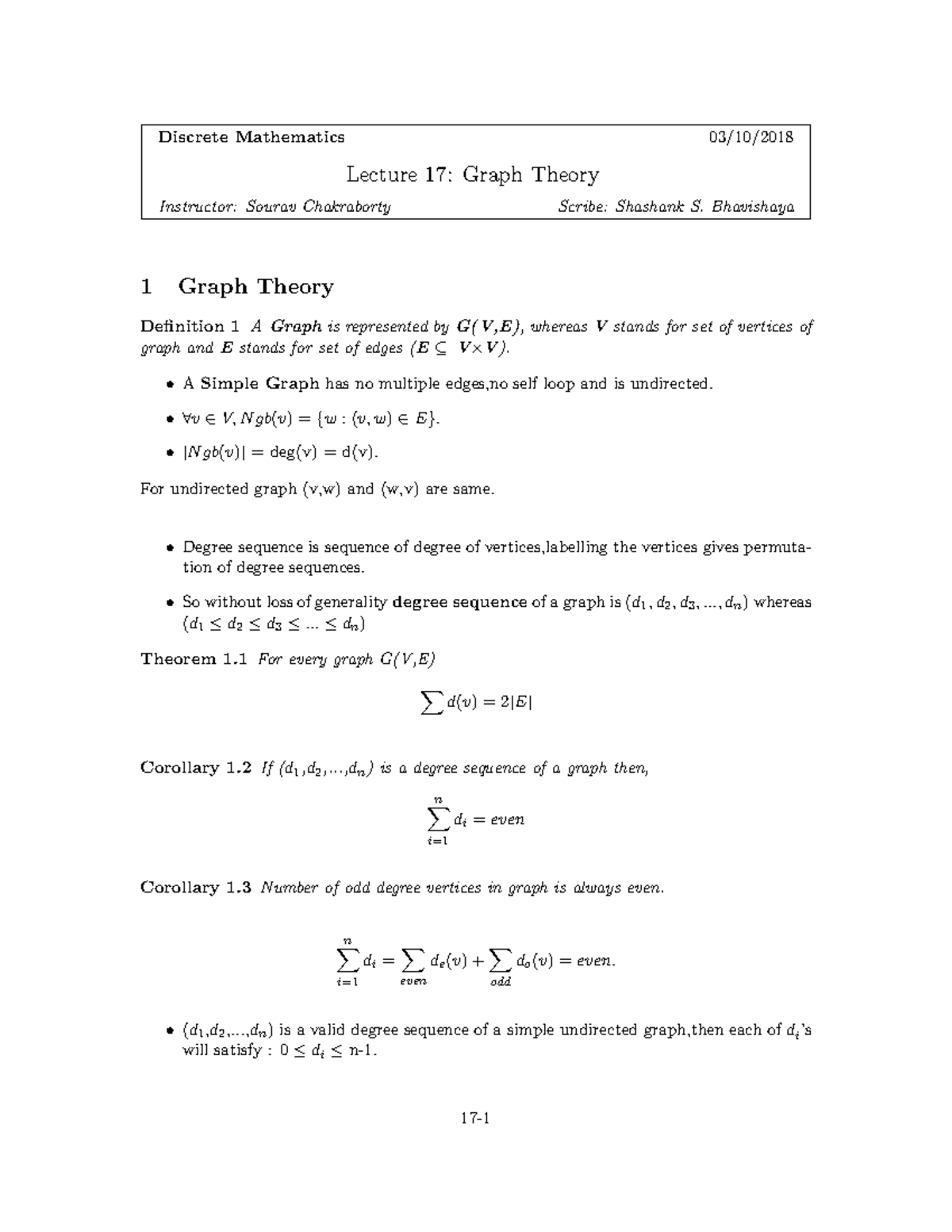 Lecture 17 - Discrete Mathematics 03/10/ Lecture 17: Graph Theory ...