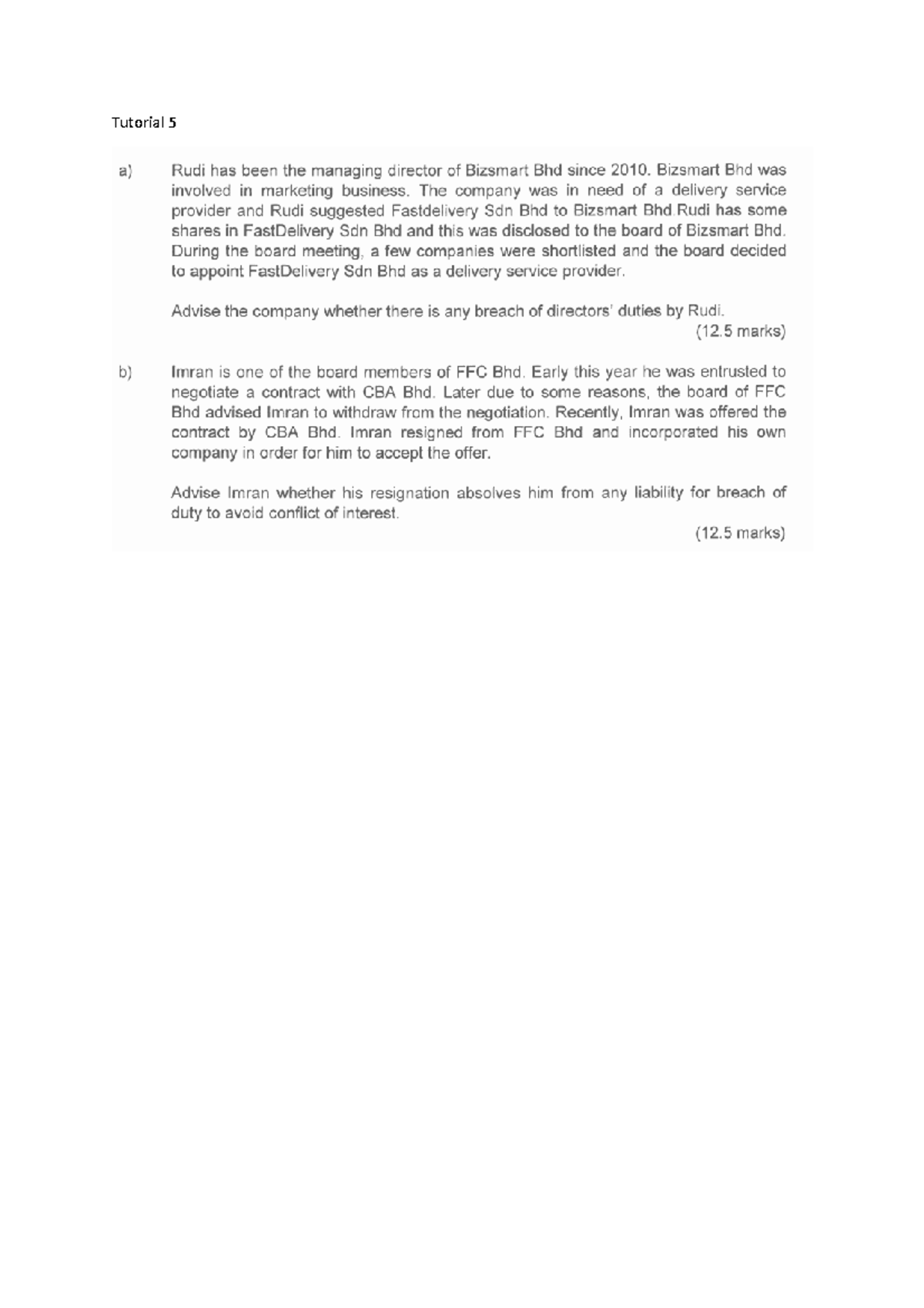 Tutorial 5-law 580 Director Duties) - Law of Association II - Tutorial ...