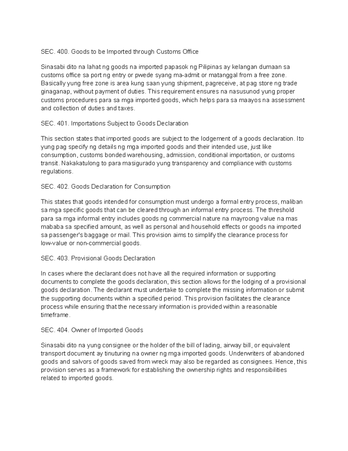 400-436 - Cmta - SEC. 400. Goods to be Imported through Customs Office ...