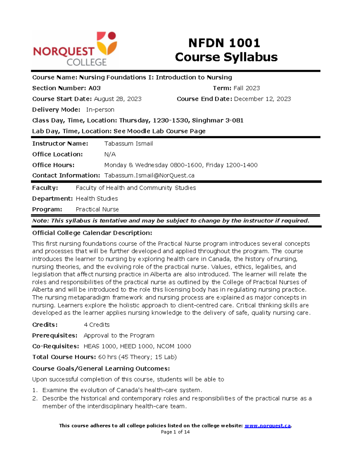 Syllabus NFDN 1001 A03 Fall 2023 - This course adheres to all college ...