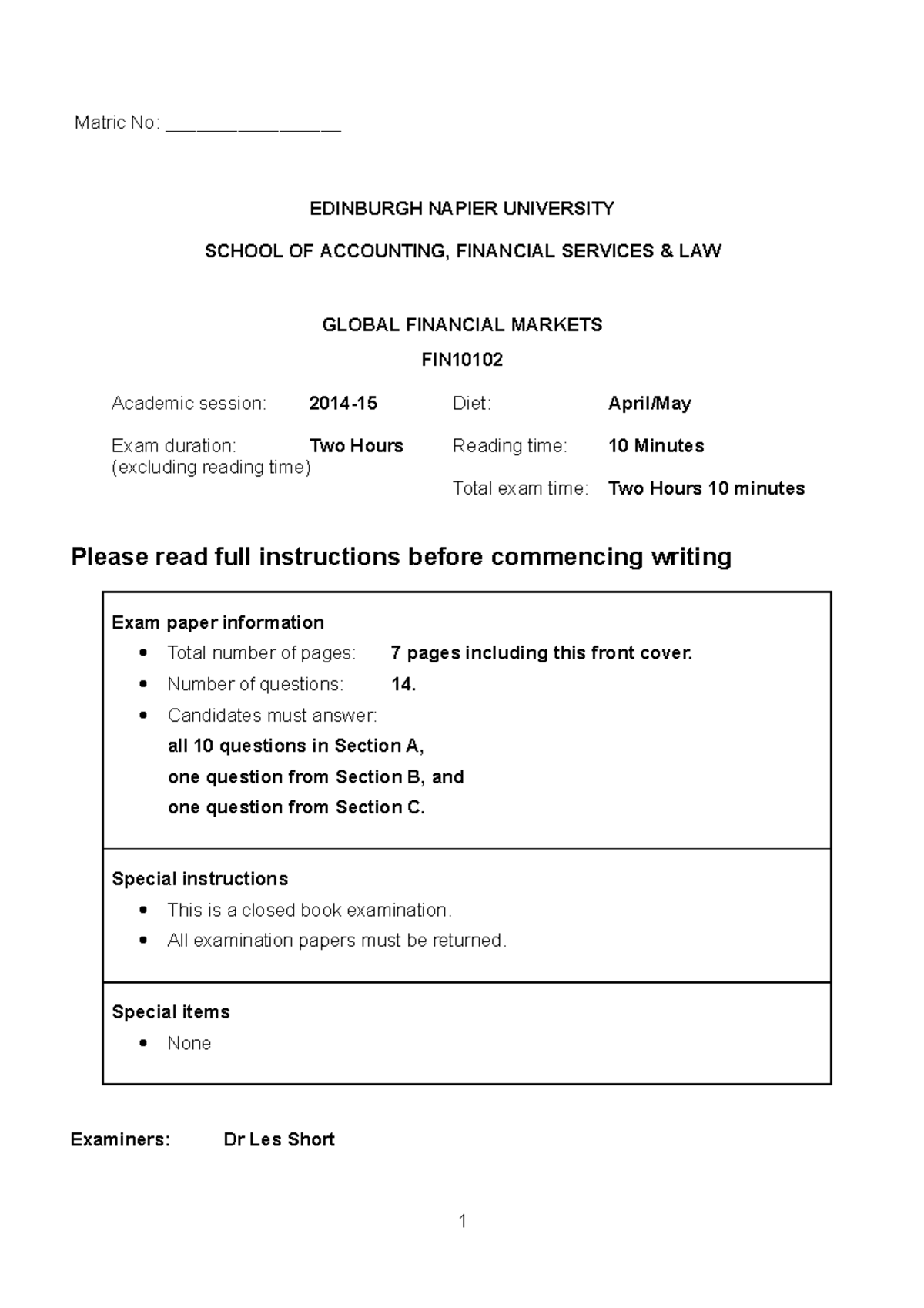 Exam 2015, questions - Matric No: _________________ EDINBURGH NAPIER ...