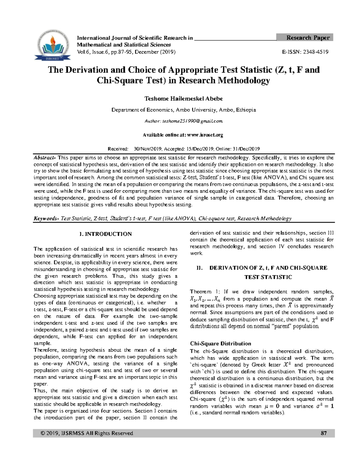 The Derivation and Choice of Appropriate Test Statistic (Z, t, F and ...