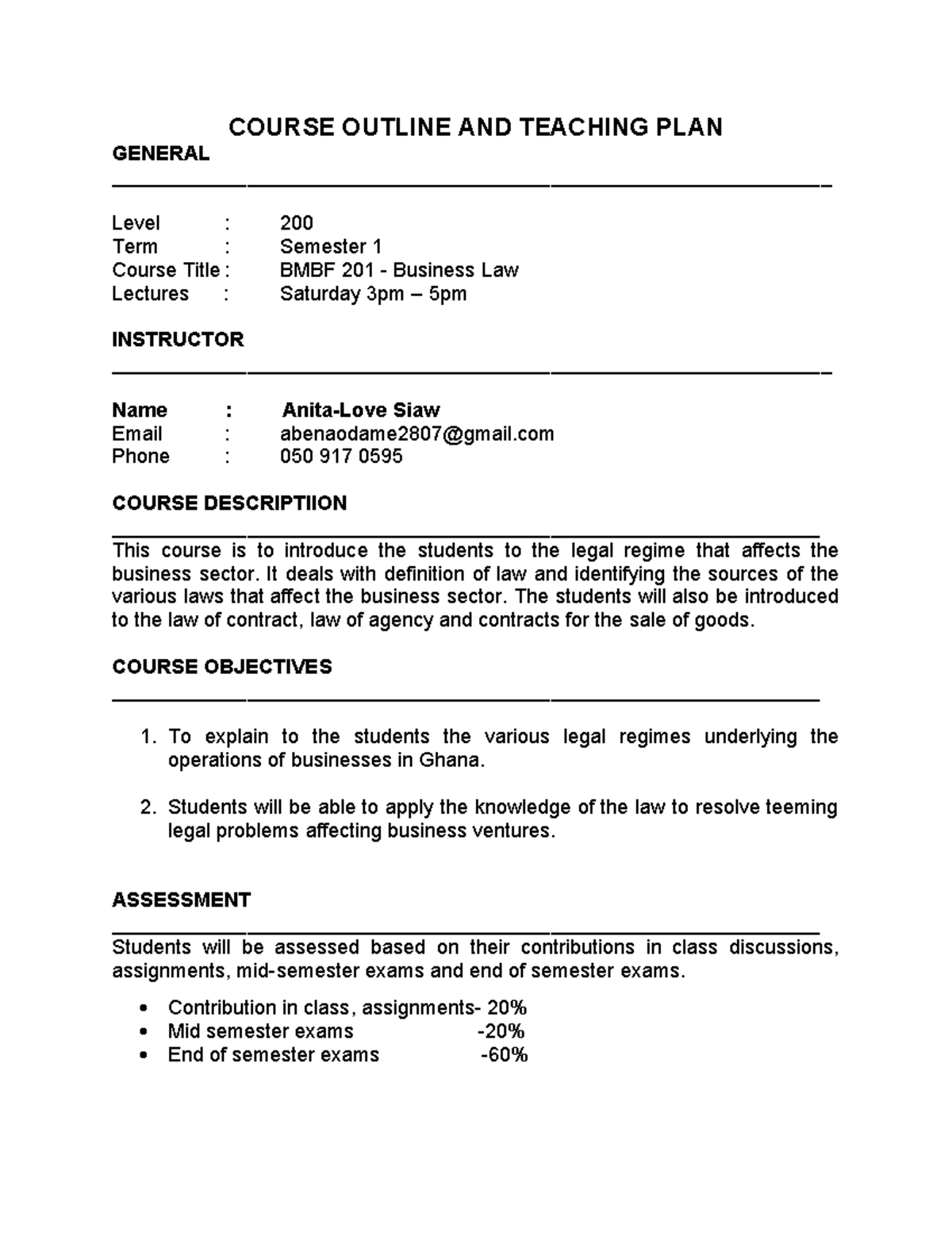 Business LAW Course Outline-1 - COURSE OUTLINE AND TEACHING PLAN ...