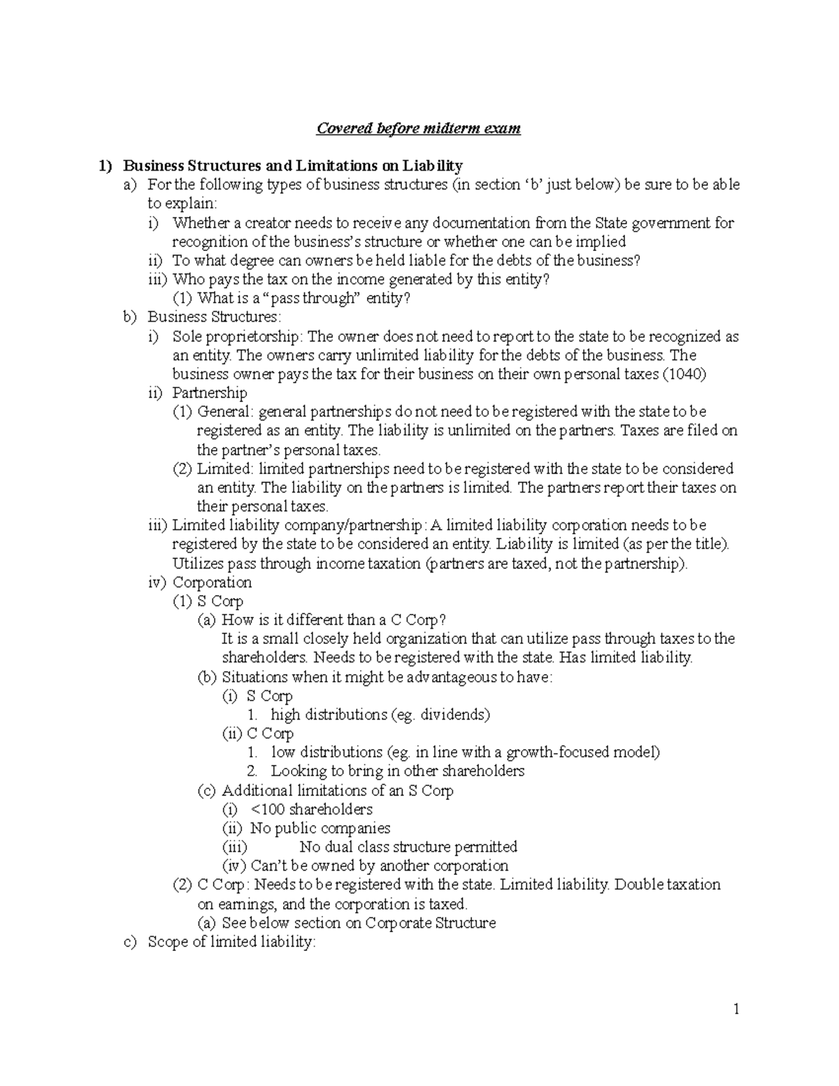 Midterms Review Sheet - Covered before midterm exam 1)Business ...