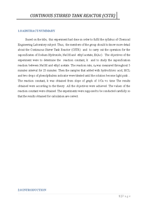 328800808 Cstr Lab Report - 1 ABSTRACT This experiment is conducted in ...