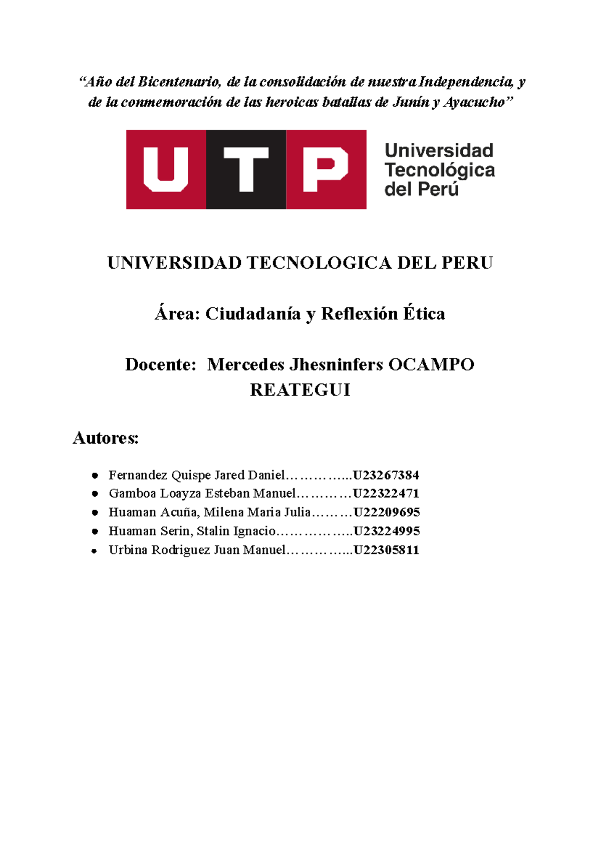 Ensayo DE Etica docx - LLLLLM - “Año del Bicentenario, de la ...