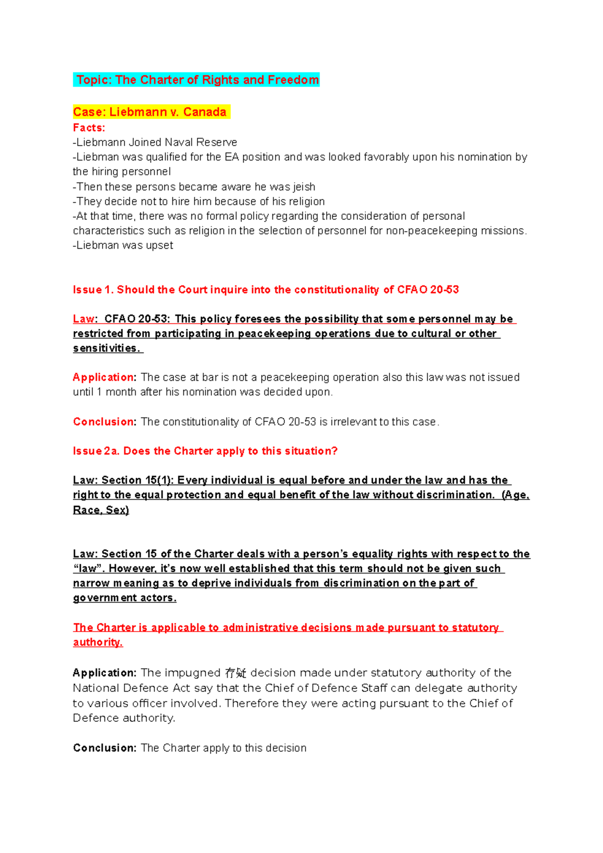 Comm393 Case - Summary Commercial Law - Topic: The Charter of Rights ...