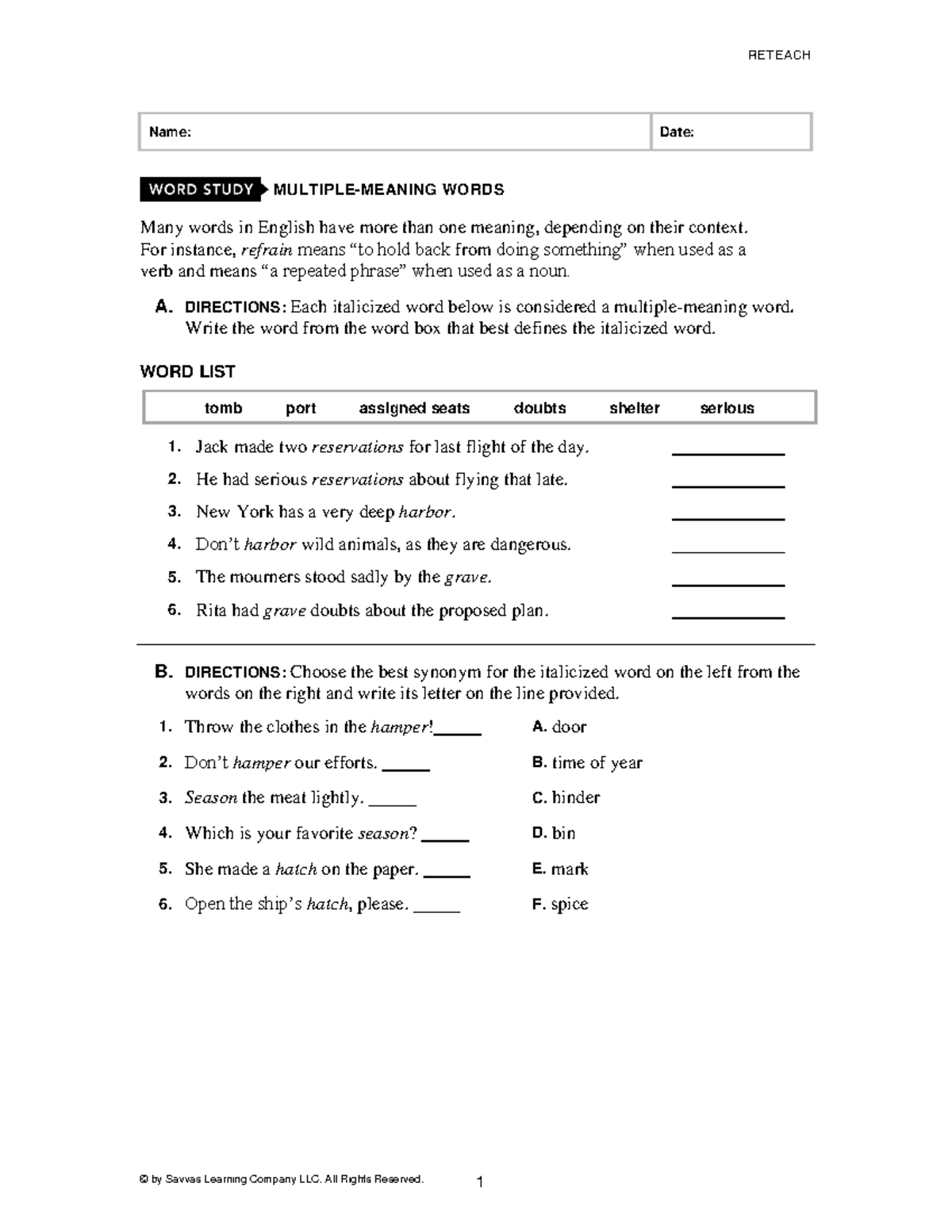 HW 2.10 - Word Study Multiple-Meaning Words - RETEACH © by Savvas ...